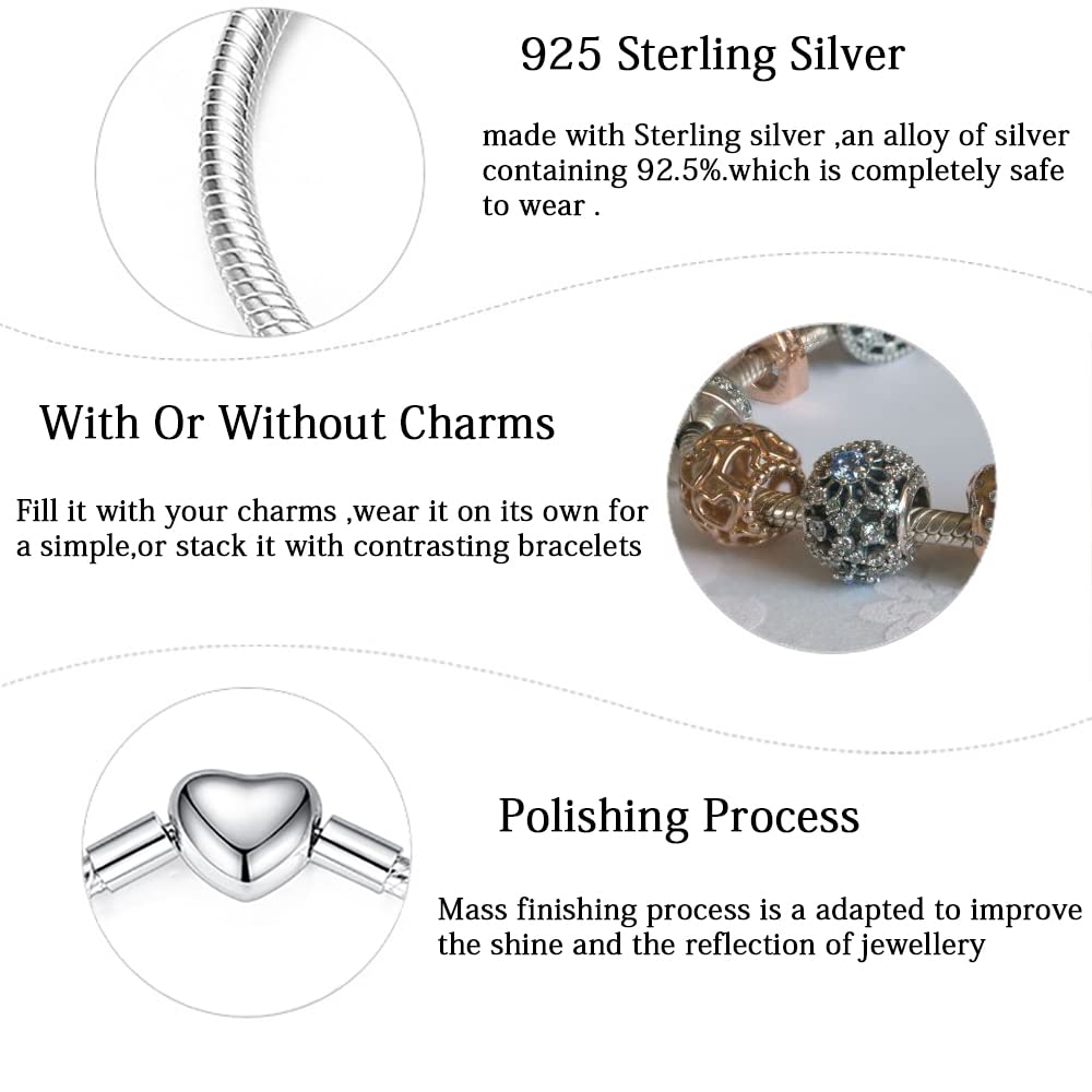 DEWHLIA Solid 925 Sterling Silver Heart Clasp Snake Chain Bracelet Fit For Beads Charms Bracelet 7.5 in