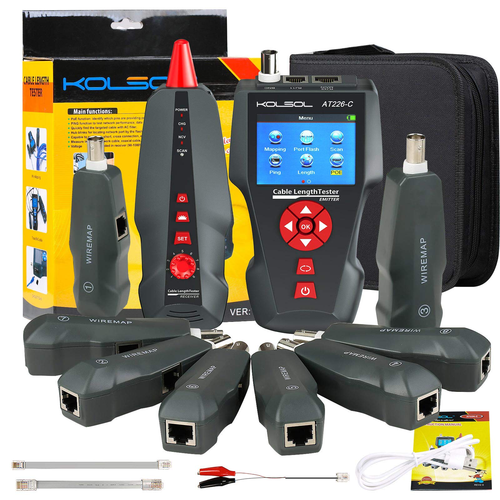 Network Cable Tester, AT226-C NF-8601W LAN Ethernet Cable Tester RJ45 UTP STP Diagnose Tone Tracer Network Cable Length Tester for RJ45, RJ11, BNC, PING/POE 8 Identifier Telephone Wire Tracker
