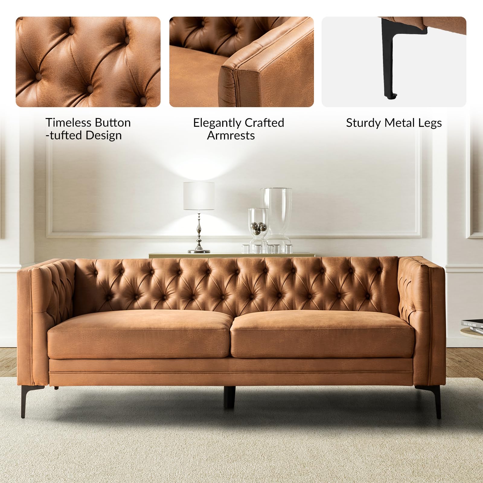 HULALA HOME 84" W Suede Faux Leather Sofa Couch with Metal Legs, Button-Tufted 3-Seater Sofa, Mid Century Modern Contemporary Upholstered Couch for Living Room, Entertainment Area, Apartment,Camel