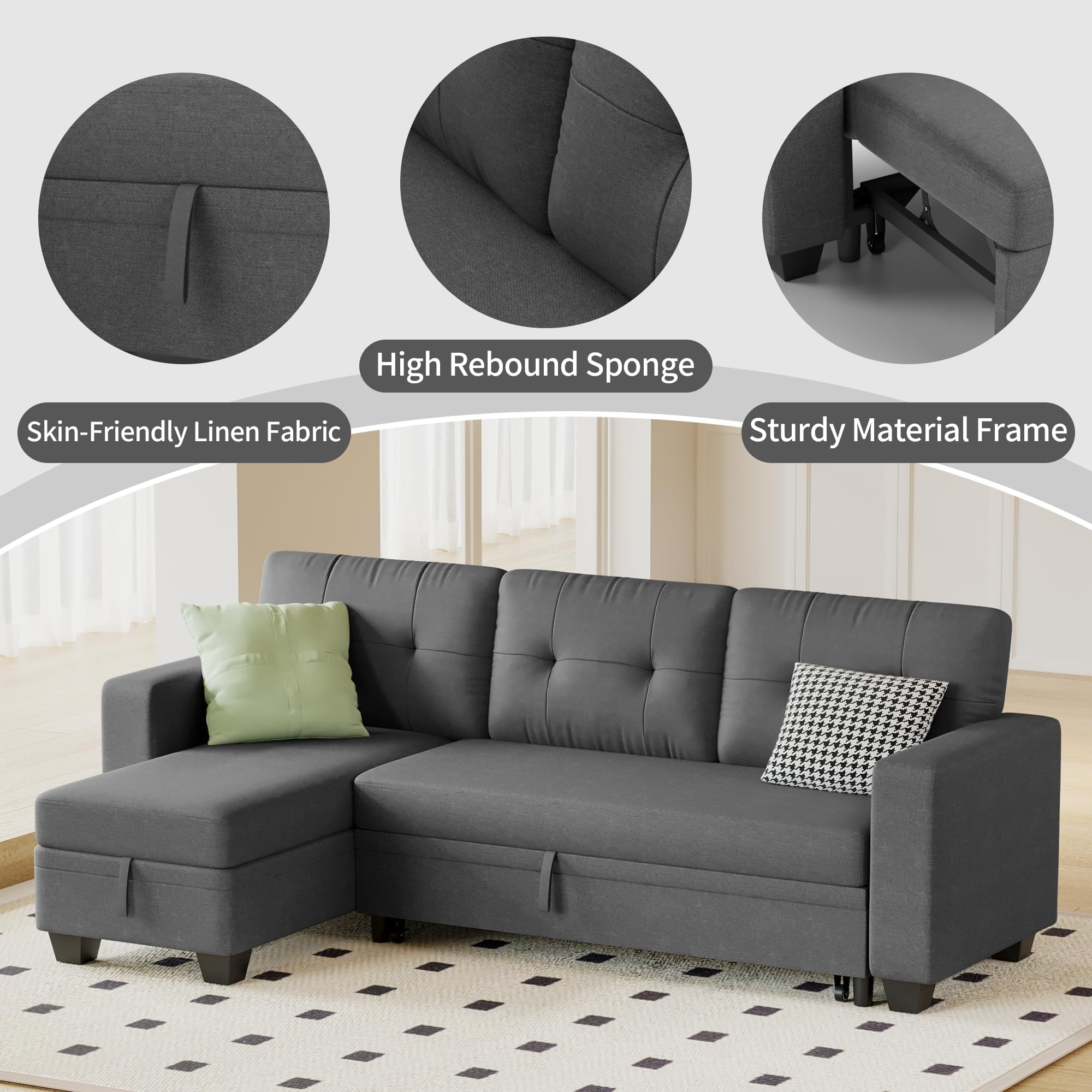Furniwell Sleeper Sofa, L Shaped Pull Out Couch Sofa Bed with Storage Chaise Sectional Couch for Small Apartments, Living Room and Office (Linen Fabric)