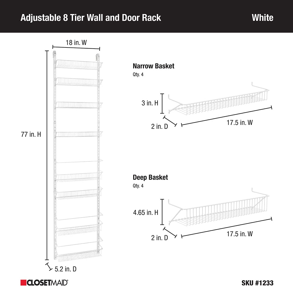ClosetMaid Adjustable Organizer Rack with Baskets Wall or Over Door Mount, for Kitchen, Pantry, Utility Room, Closet, 18 in. W, White Finish, Pack of 2
