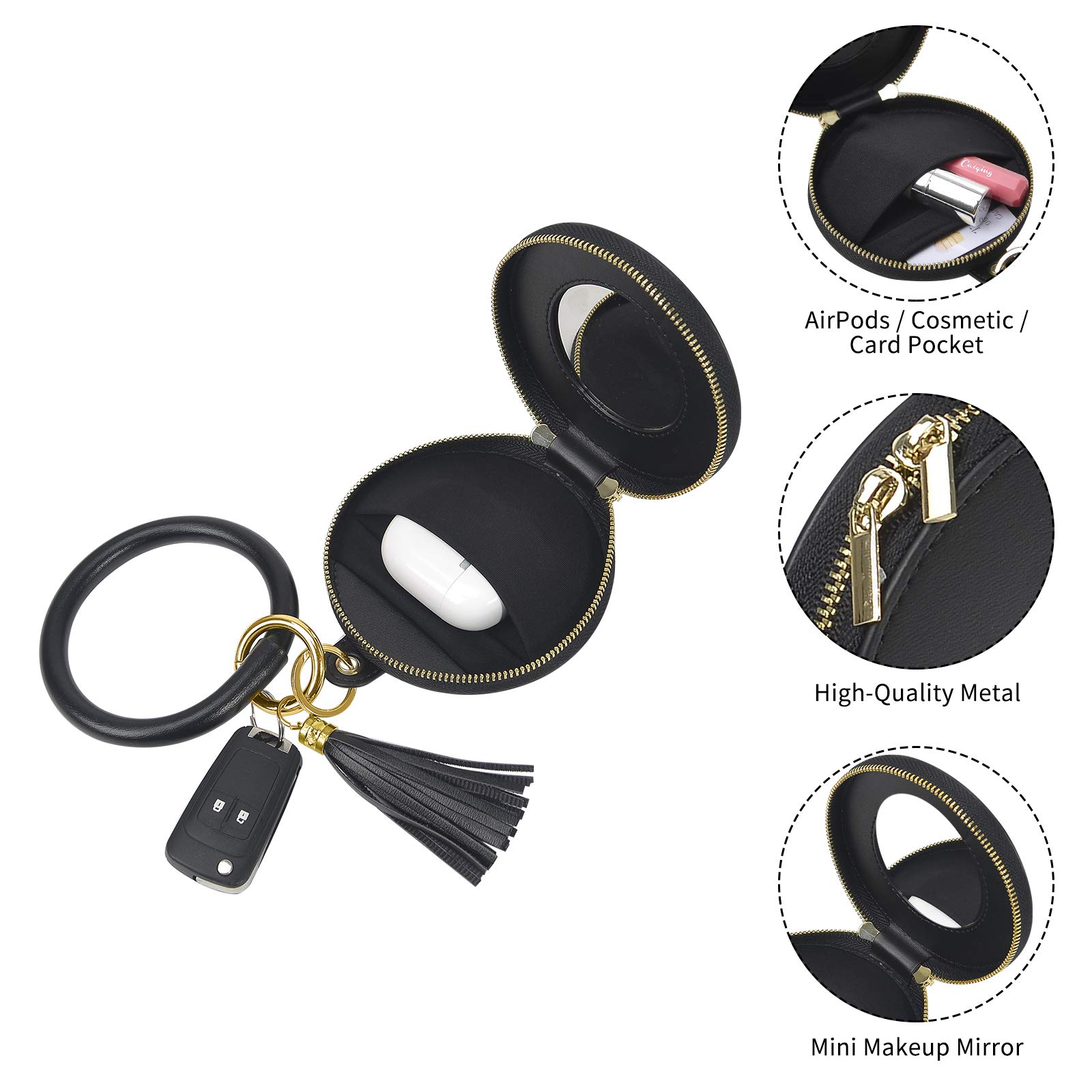 Doormoon Keychain Bracelet, Tassel Key Chain Wristlet Ring Circle Bangle (Makeup Bag-Black)