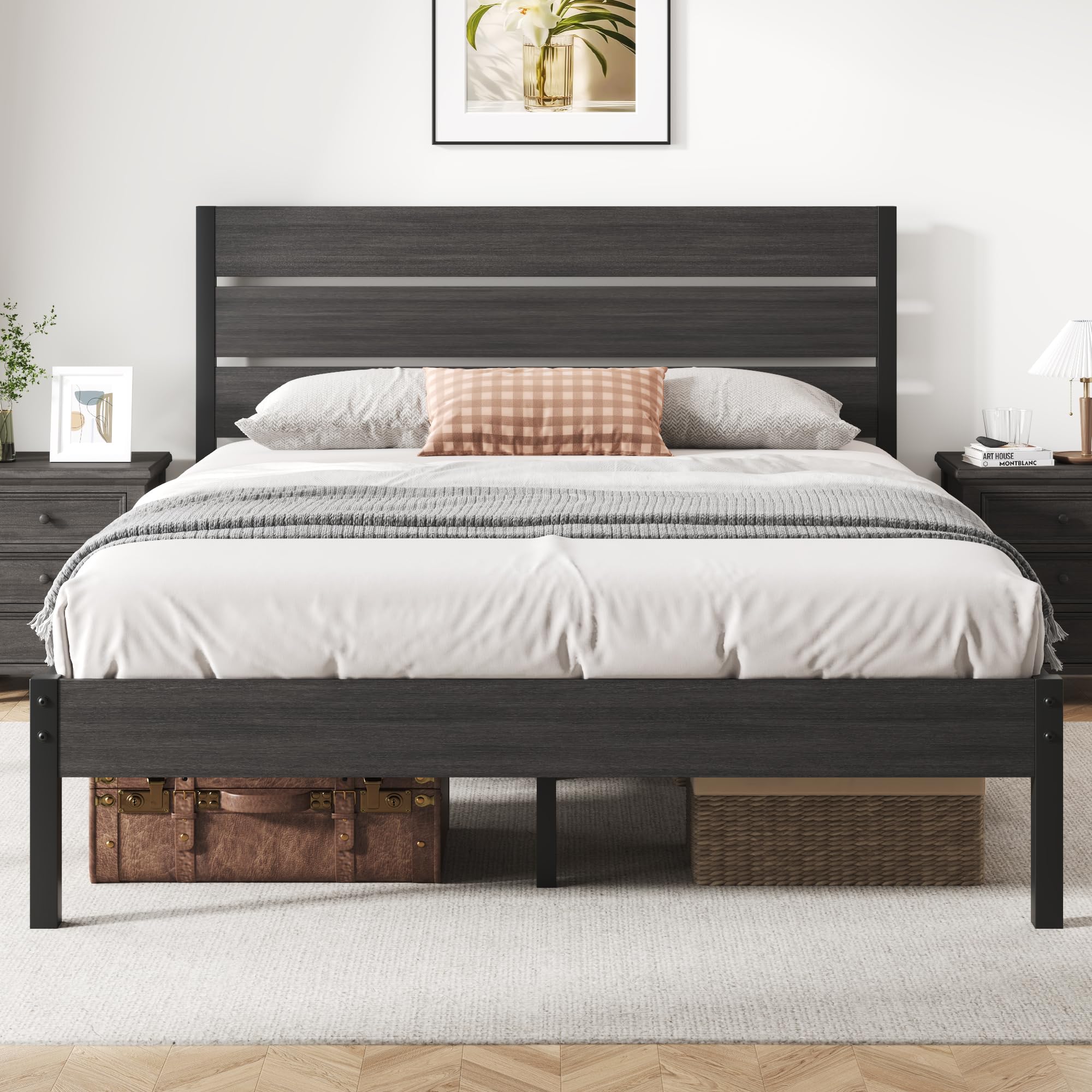 Fluest Queen Bed Frame with Headboard and Footboard, Metal Platform Bed Frame with Under Bed Storage, All-Metal Support System, No Box Spring Needed, Easy Assembly,Rustic Grey