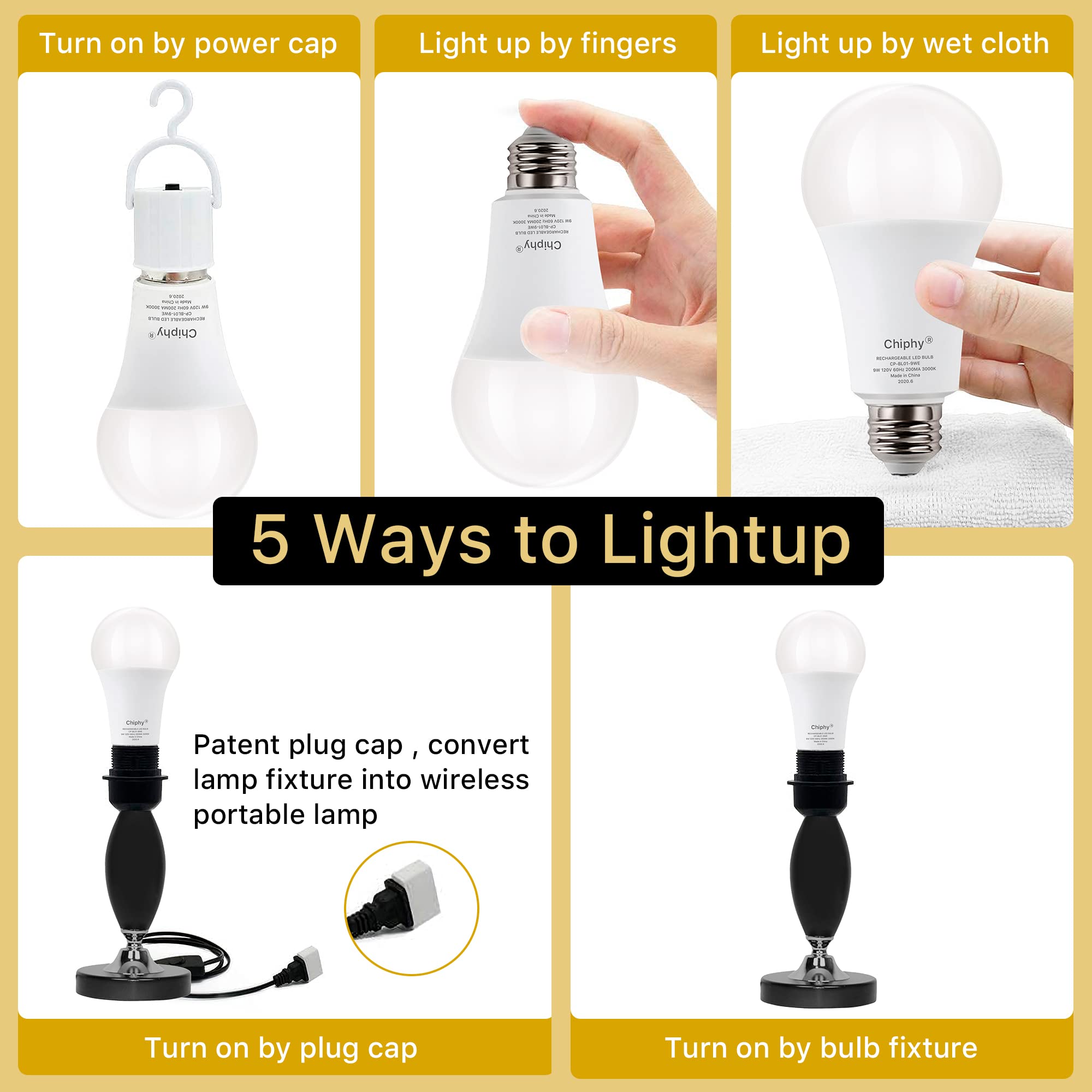 chiphy Rechargeable Emergency LED Bulbs, E26 Emergency Backup Light for Power Outage,2-Pack, 5000K, 850Lumens, 60W Equivalent,2000mAh Lithium Battery, 4 Hours Working Time