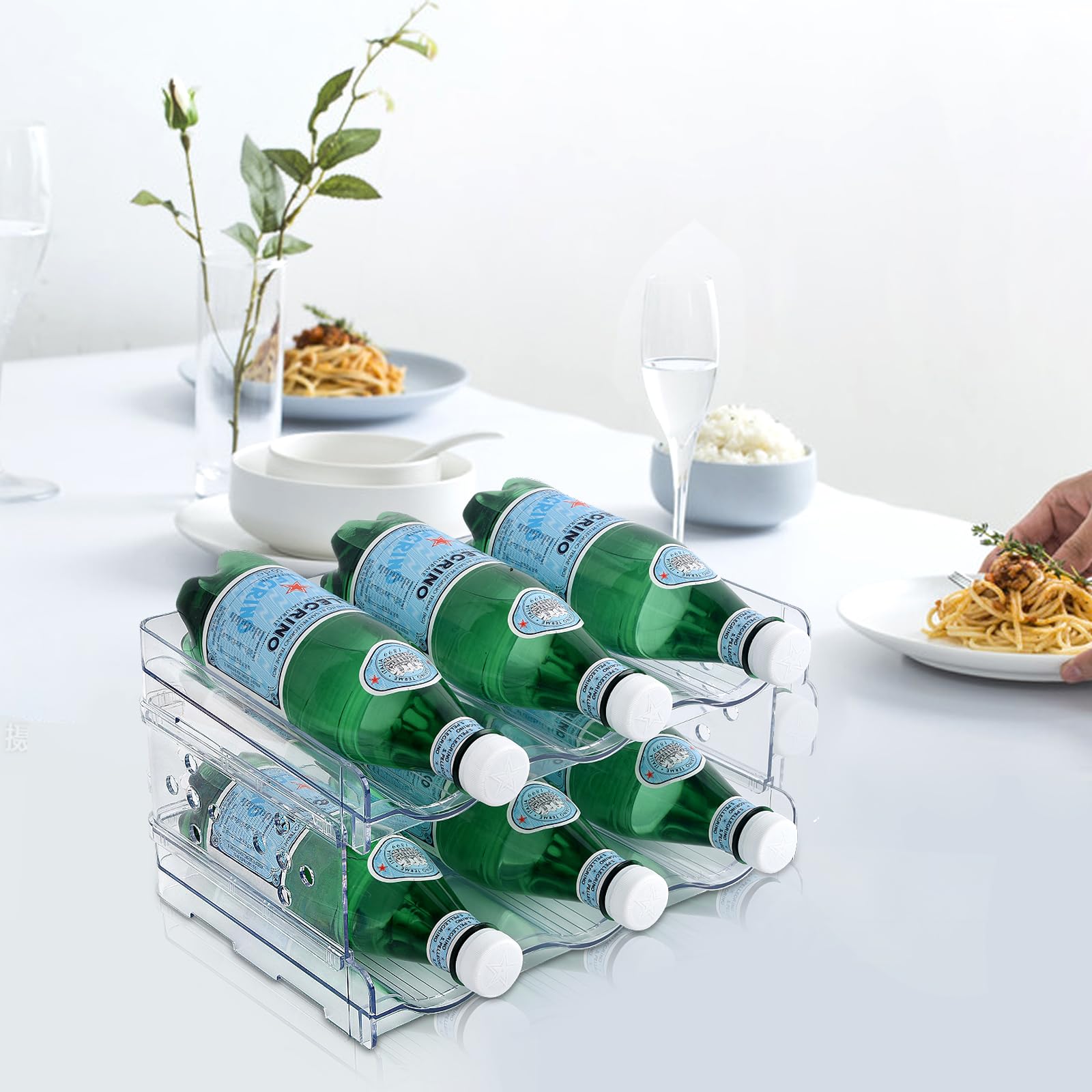 ChengFu Sparkling Water Bottle Holder,6 Bottle Refrigerator Rack for Sparkling Water, Water Bottle Organizer for Sparkling Water Bottle, 2 Pack Stackable Cup Organizer for Fridge, Clear