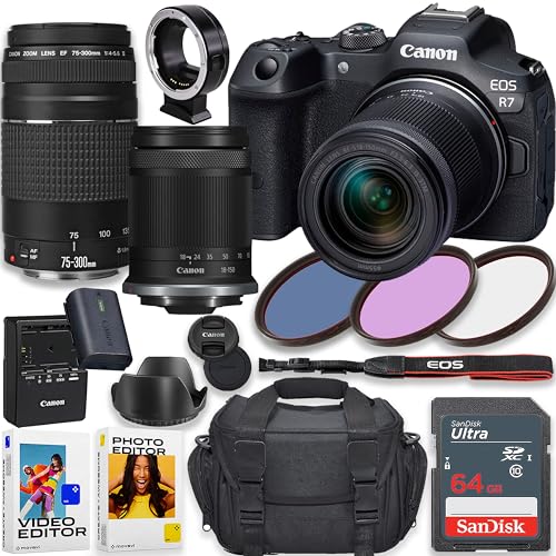 Canon EOS R7 Mirrorless Camera w/Canon RF-S 18-150mm is STM Lens and EF 75-300mm III Lens + Memory Card + Case + Photo and Video Editor & More