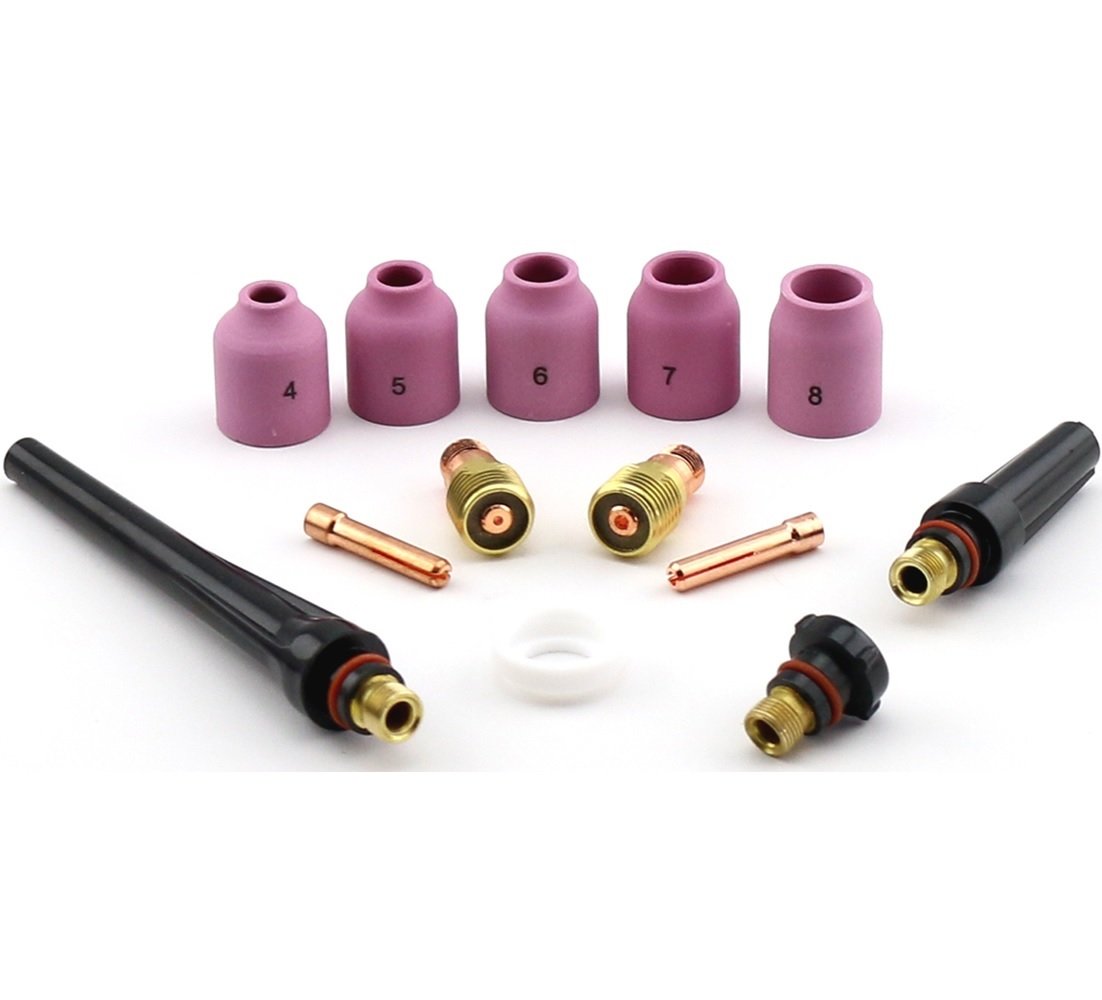 WeldingCity TIG Welding Torch Accessory Kit Stubby Setup (1/16"-3/32") Collet-Gas Lens-Ceramic Cup-Gasket-Back Cap for Torch 17, 18 and 26 Weldcraft Miller Lincoln Hobart ESAB