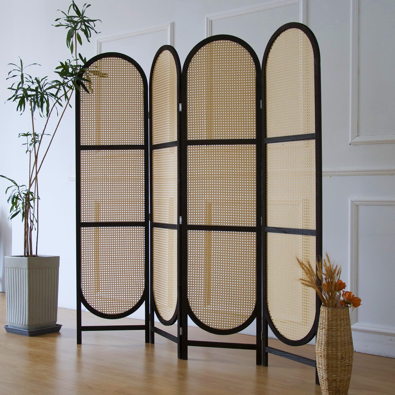 Furnnylane 4 Panel Room Divider Screen and Folding Room Divider Panel in Arch Shape,Double Sided Rattan Room Divider for Room Separation,70.9" H x 70.9" W