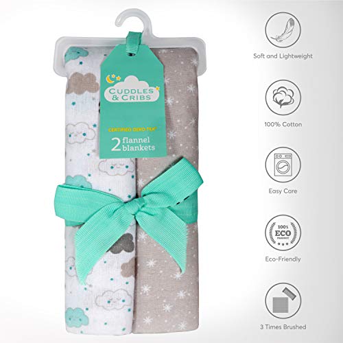 Cuddles & Cribs Baby Receiving Blankets – 100% Cotton Flannel Receiving Blankets - Clouds & Sparkles - Pack of 2-30 x 30 Inch