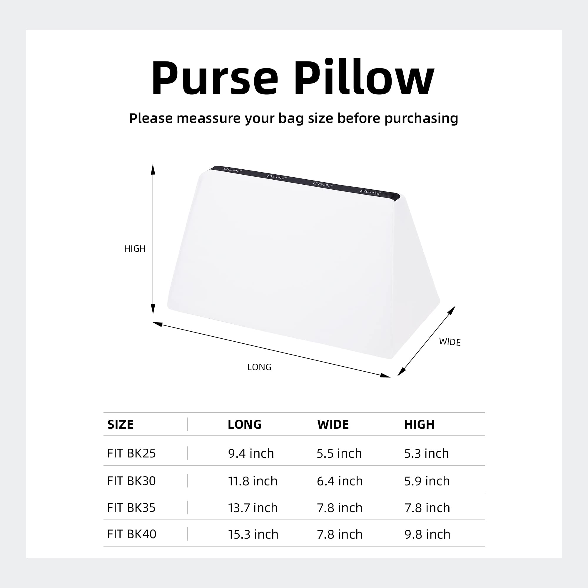 DGAZ Purse Pillow Shaper Insert,Luxury Handbag Tote Shapers, Memory Foam- Fits Birkin 25/30/35/40 Bag (White, BK25)