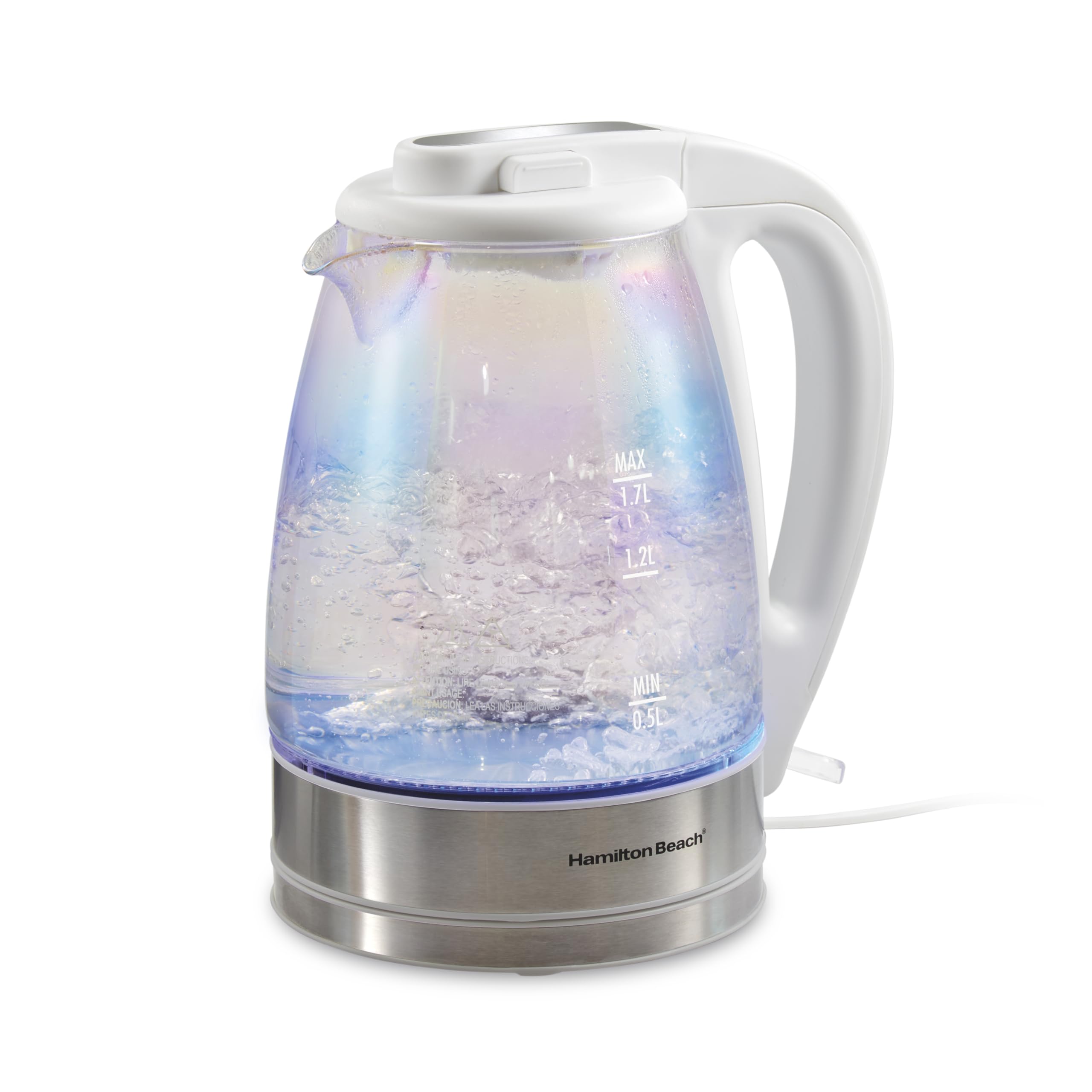 Hamilton Beach 1.7L Electric Tea Kettle, Water Boiler & Heater, LED Indicator, Built-In Mesh Filter, Auto-Shutoff & Boil-Dry Protection, Cordless Serving, Iridescent Clear Glass (41055)