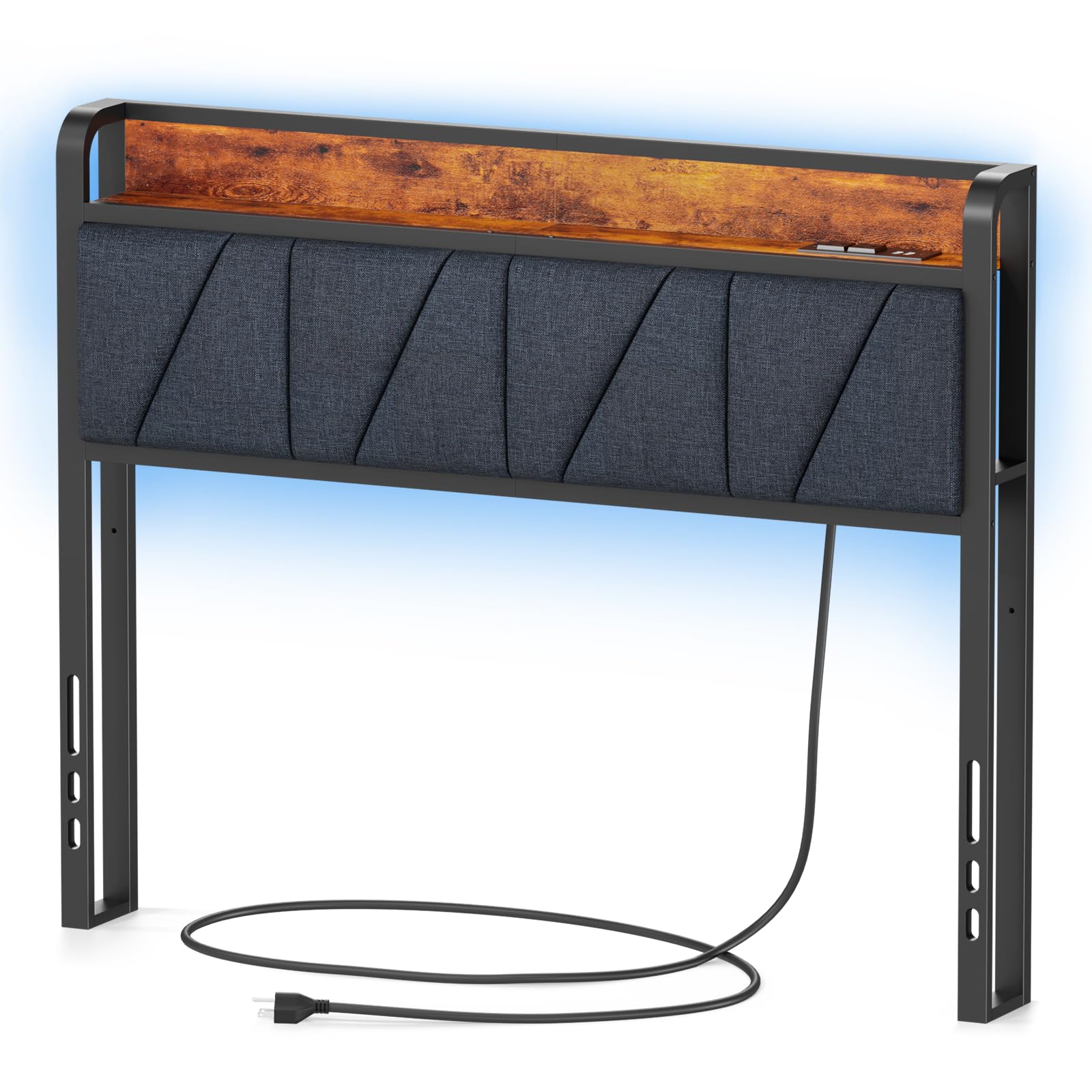 Furnulem LED Headboard with Open Storage Shelf,Black Upholstered Backrest Head Board for Full Size Bed Frame with Outlets, USB Ports,Sturdy and Stable Rack,Height Adjustable,Linen Fabric