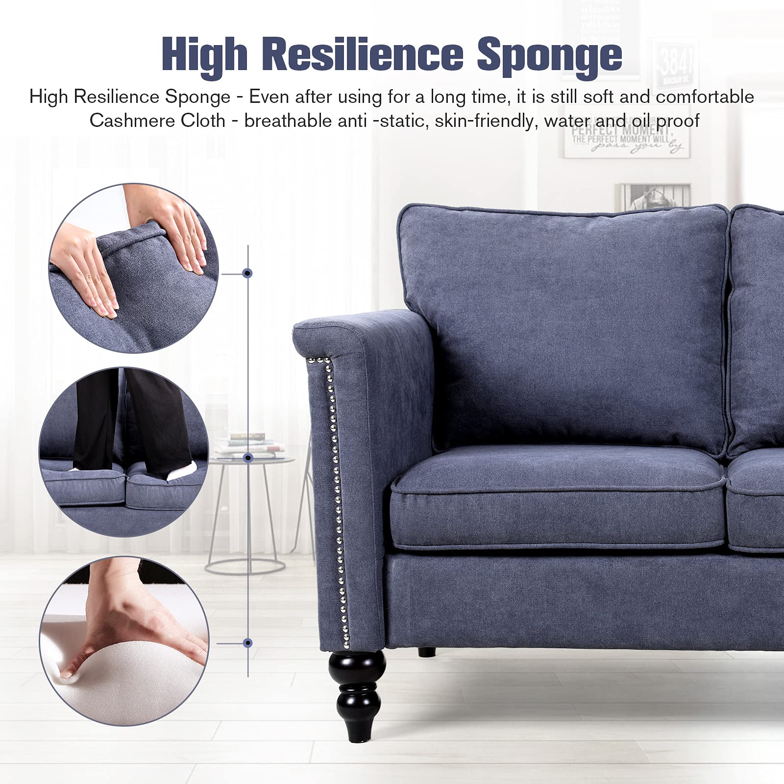CUGBO Loveseat Sofa, Linen Modern Couch for Compact Living Space Bedroom Apartment Dorm Lounge Room Office Studio, Recliner w Removable Cushions Armrests Wood Legs (Blue Grey)
