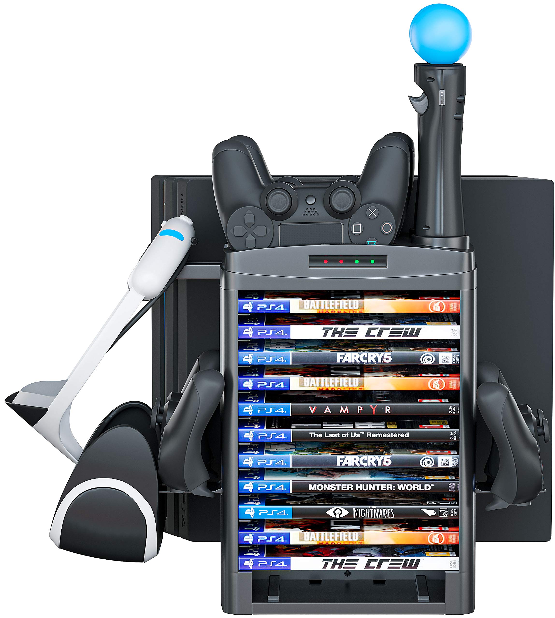 Skywin- Charging Station Compatible with PS4 VR Headset, PSVR Charging Station Stand with Game Disc Rack, Headset and Console Stand, Cooling Fan, Controller Charger and USB Hub - Multipurpose VR Stand