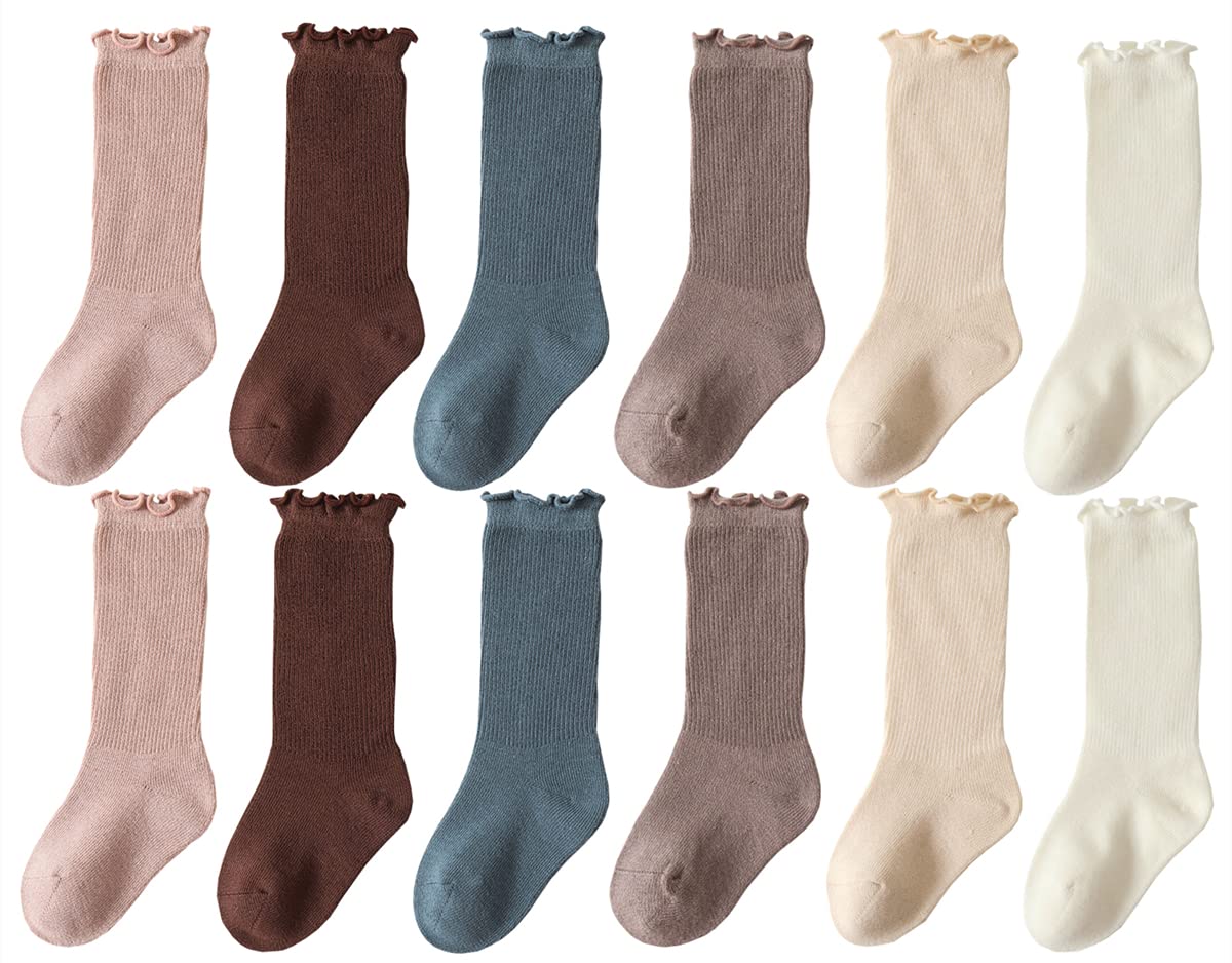 FYLuoke Baby Knee High Stockings Socks Girls Newborn Infants Long Socks Boys Toddlers Ruffled Socks(Knee-High 6 Pairs,0-6Months)