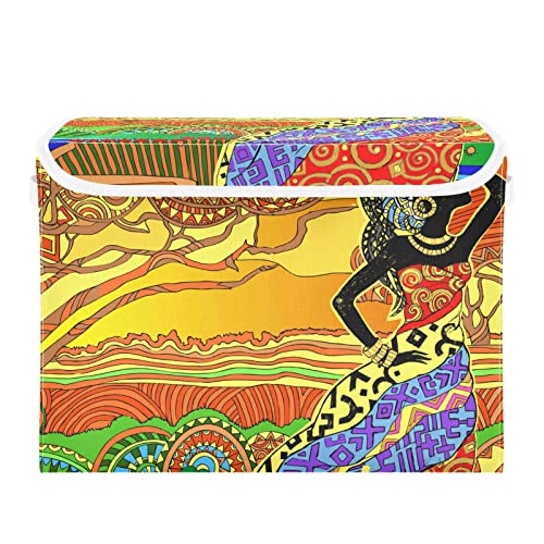 innewgogo African Woman Landscape Storage Bins with Lids for Organizing Dust-proof Storage Bins with Handles Oxford Cloth Storage Cube Box for Dog Toys