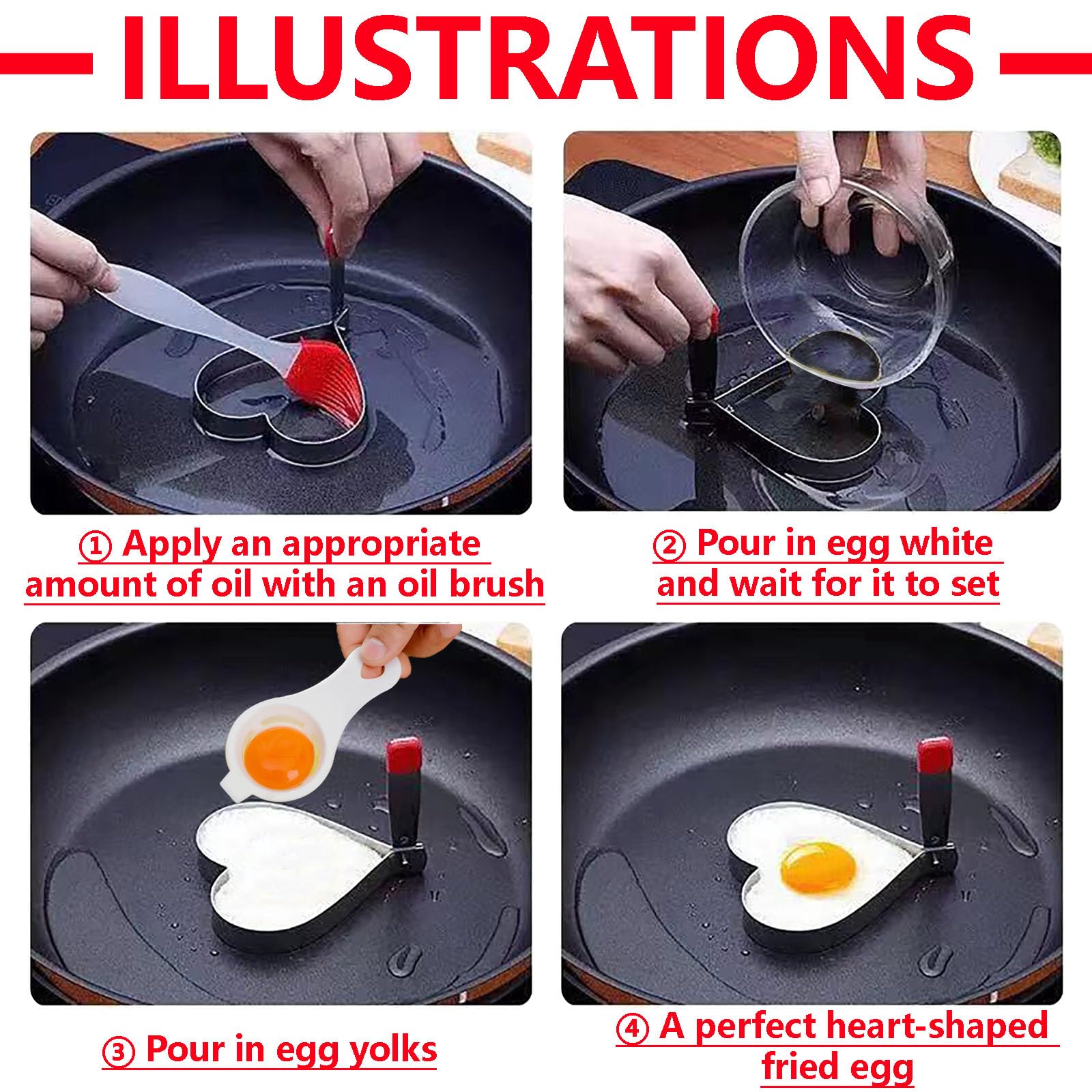 Heart Shaped Pancake Mold Egg Rings Nonstick Stainless Steel Fried Egg Molds With Insulated Handle Heart Pancake Shapes Mold with Oil Brush and Egg Separator for Breakfast Mother's Day Gift