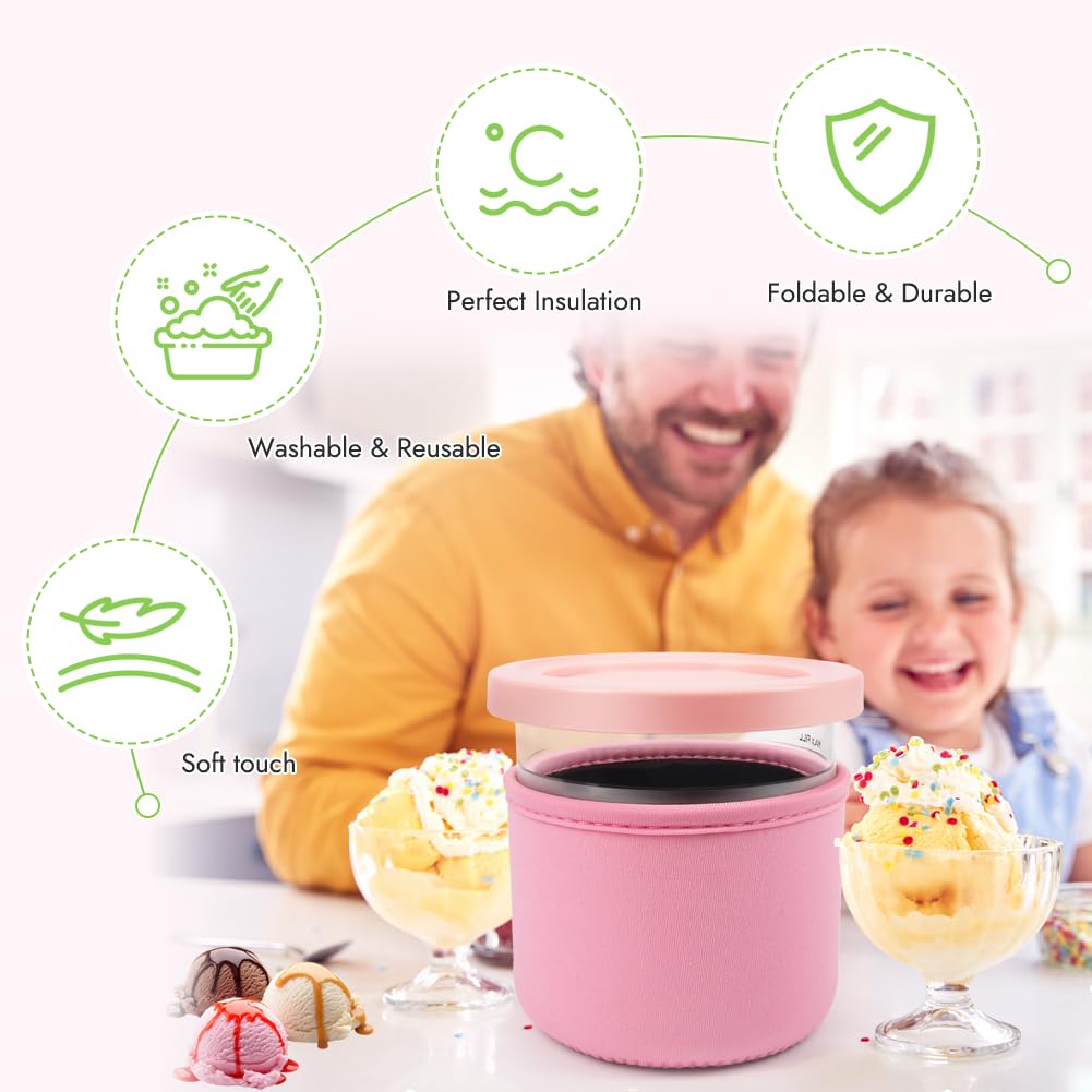 GINOYA Ice Cream Sleeve for Ninja NC301 Pints, 4pcs Reusable Insulated Neoprene Sleeves Accessories Compatible with NC300 NC299AMZ Series Ice Cream Maker Containers, 16Oz (Tups Not Included)