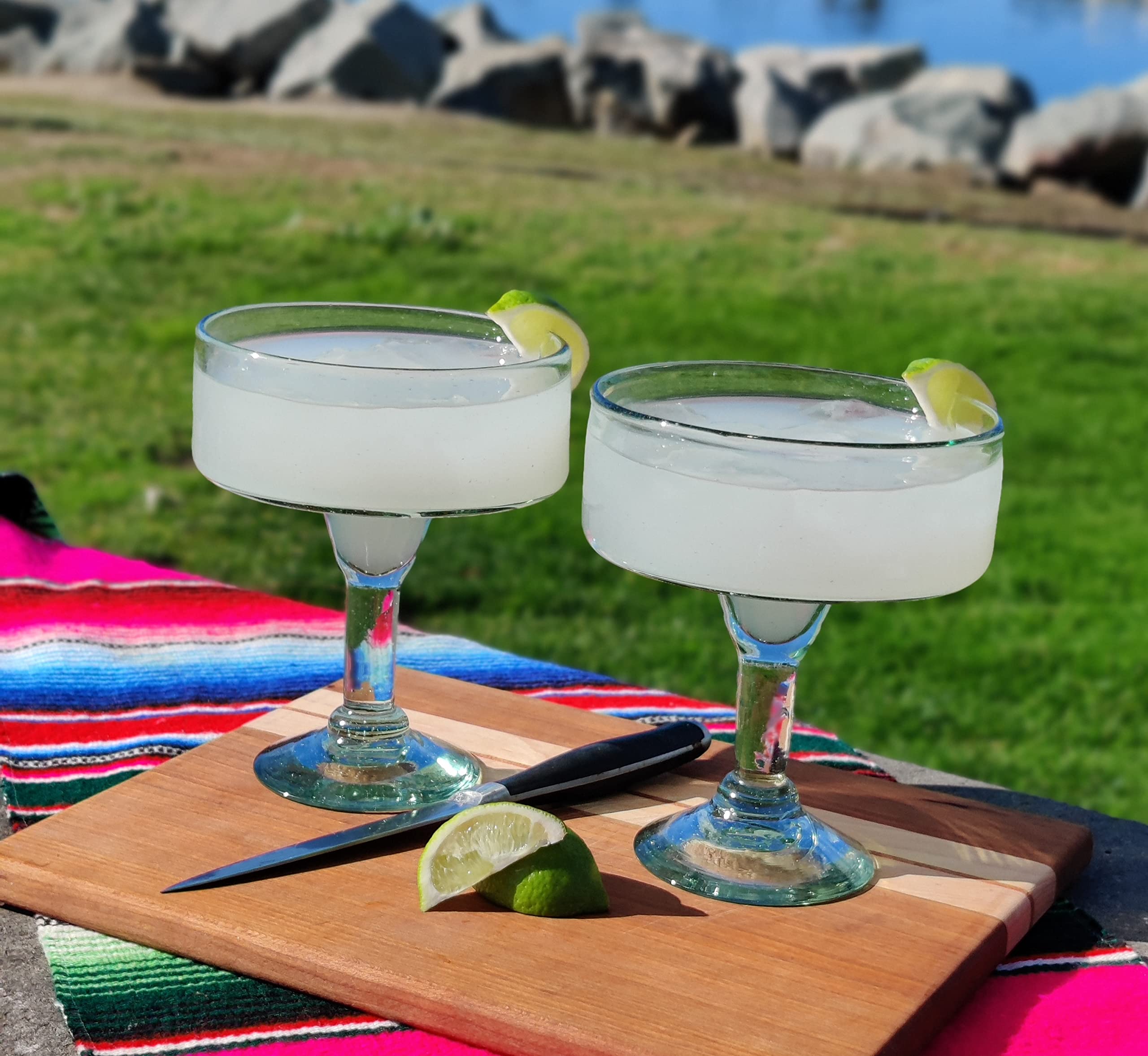 Dos Sueños Mexican Hand Blown Glass – Set of 4 Natural Clear Hand Blown Margarita Glasses (16 oz)