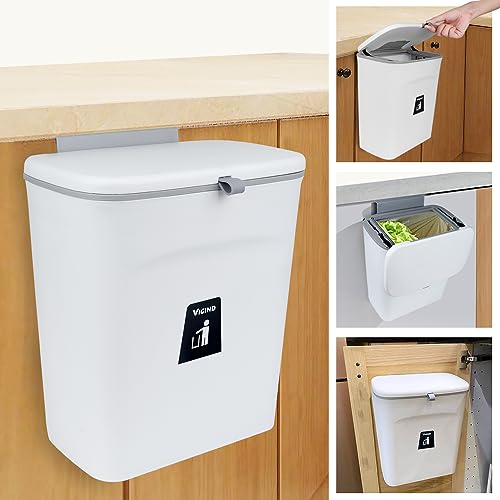 VIGIND 9L/2.4 Gallon Hanging Trash Can for Kitchen Cabinet Door with Lid, Small Under Sink Garbage Can,Trash Bin for Bathroom, Wall Mounted Counter Waste Compost Bin, Plastic (White)