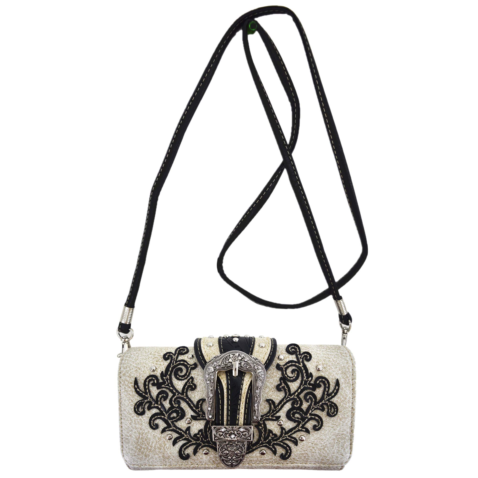 Western Style Tooled Leather Buckle Concealed Carry Purse Country Handbag Women Shoulder Bag Wallet Set (Beige Set)