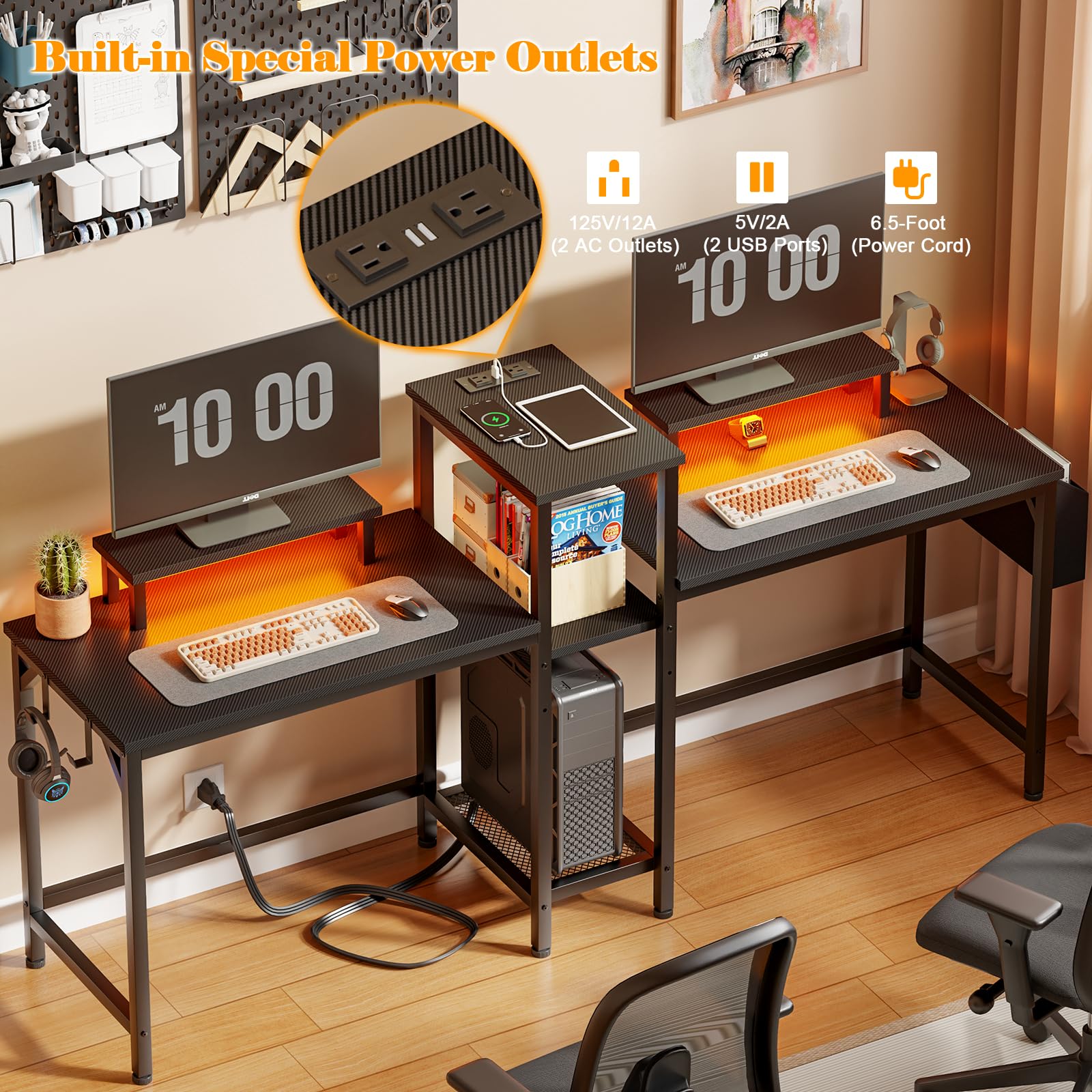 Furologee 2 Person Gaming Desk with LED Lights, 71 Inch Computer Desk with Power Outlets and Monitor Stand, Double Desk with Storage Bag and Headphone Hooks, Study Writing Table for Home Office, Black