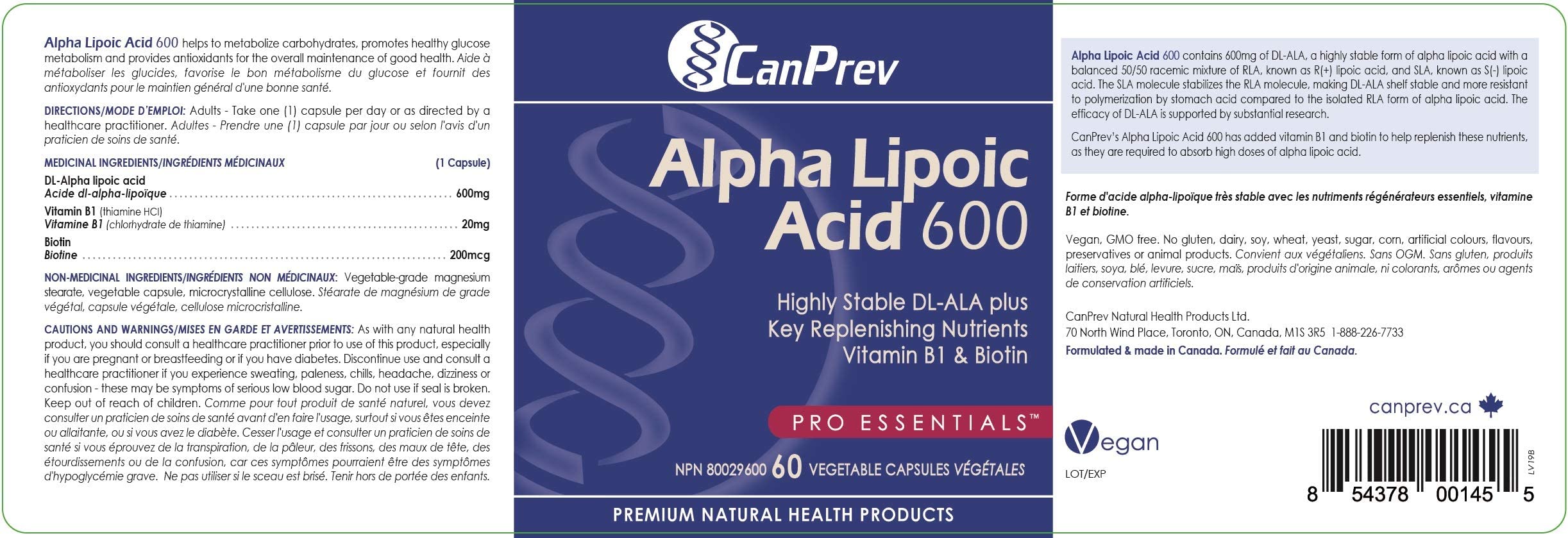 CanPrev Alpha Lipoic Acid 600 mg Vegi Capsules, 60 Count