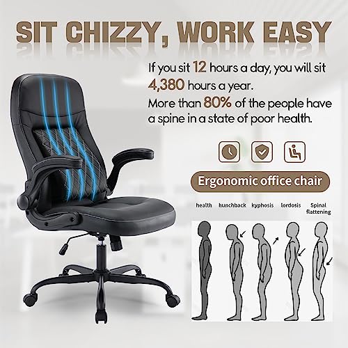 chizzysit Ergonomic Executive Office Chair with Airbag Lumbar Support,Comfortable Leather Office Desk Chair with Flip-up Arms,Computer Desk Chairs with Wheels,Home Office Desk Chairs