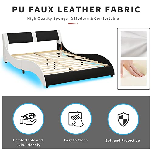 Led Bed Frame Queen Size Modern Upholstered Platform Bed Frame with LED Lights Faux PU Leather Wave Like Low Profile Platform Bed Frame with Headboard, Wooden Slats, No Box Spring Needed, Black+White