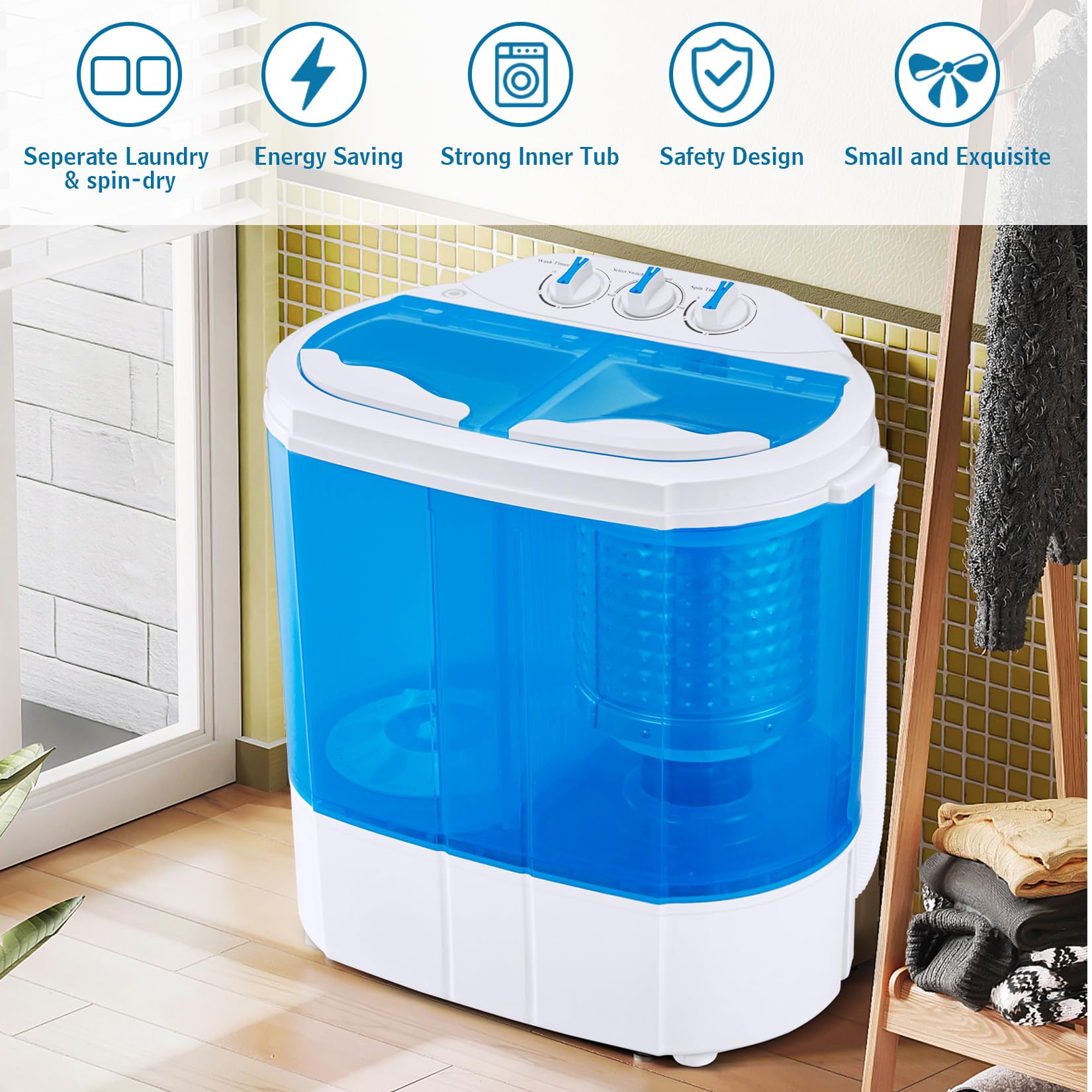Congermom Portable Twin Tub Washing Machine 15 lbs Capacity Washer and Dryer, 2 In 1 Compact Laundry Machine w/Washer and Spinner Combo and Gravity Drain Pump for Apartment,Dorms,RV Camping