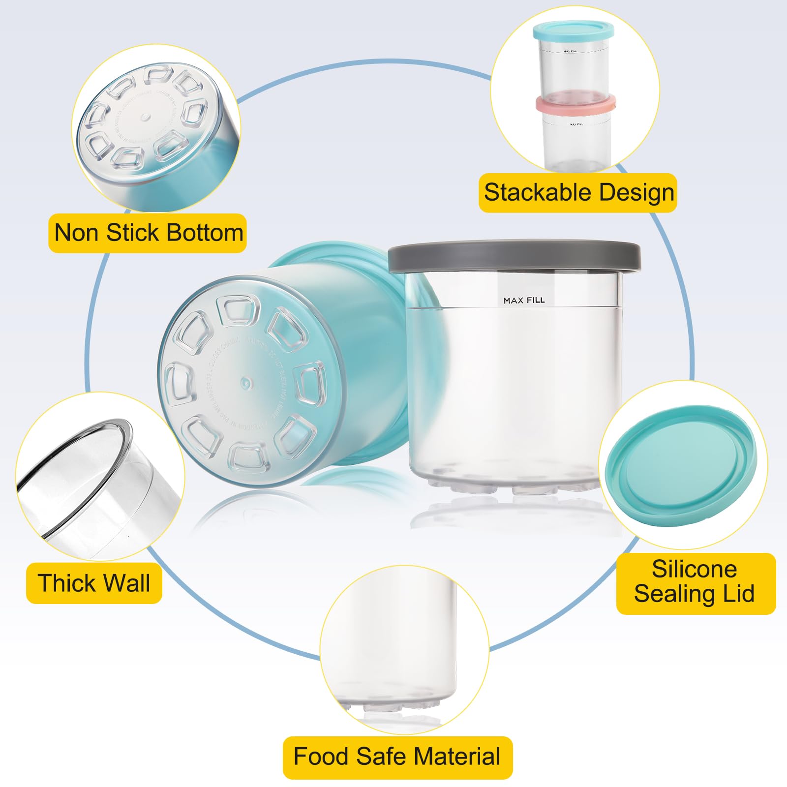 GOHOHOF Ice Cream Pint Containers for Ninja Creami Pints and Lids 4 Pack Extra Replacement Pints for Ninja Creami NC301, NC300, CN301CO, CN305A NC301Series Ice Cream Maker(Grey,Pink,Cyan,Blue Lids)