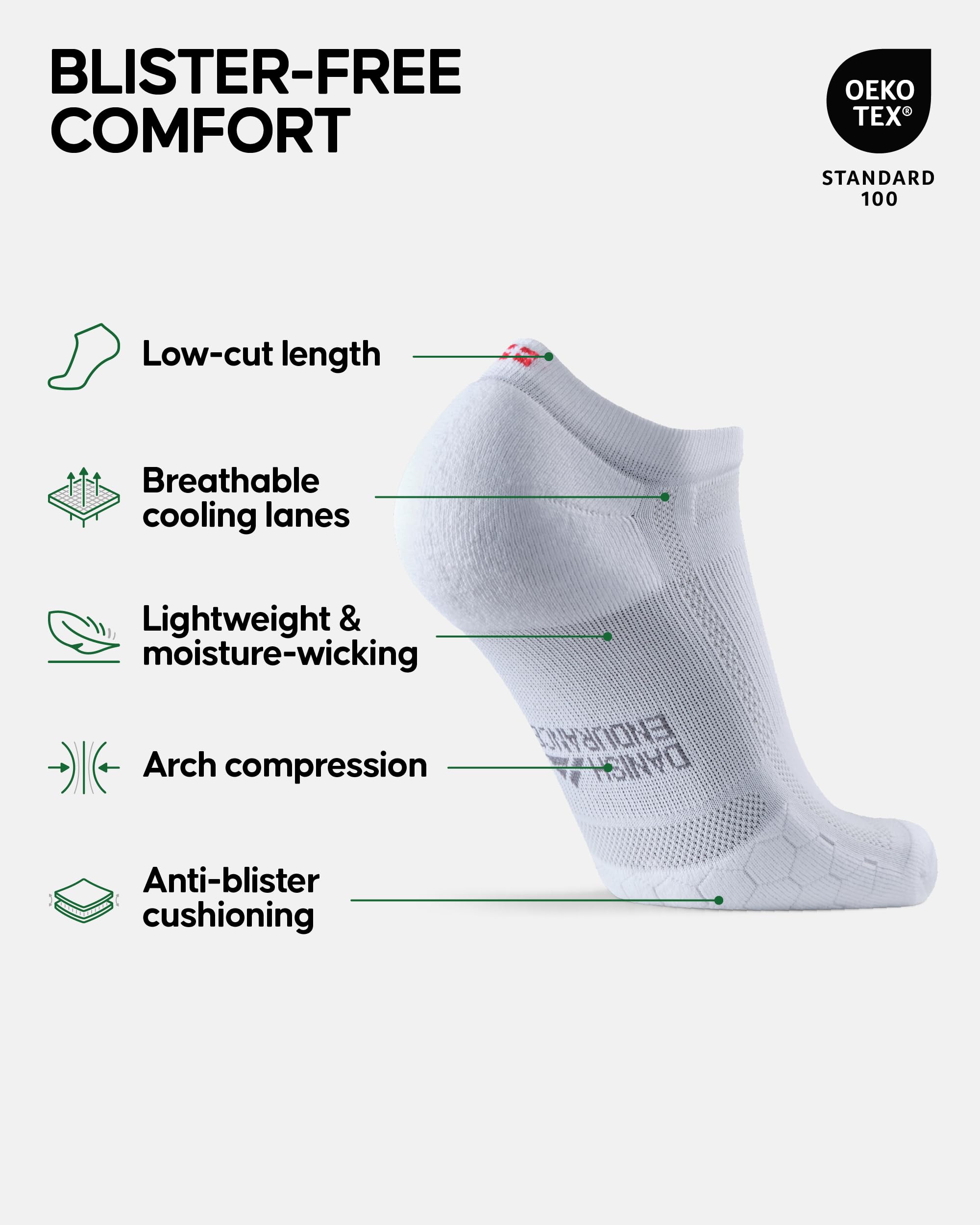 DANISH ENDURANCE 3 Pack Low-Cut Long Distance Running Socks, Men & Women, White, US Women 5-7 // US Men 3.5-6