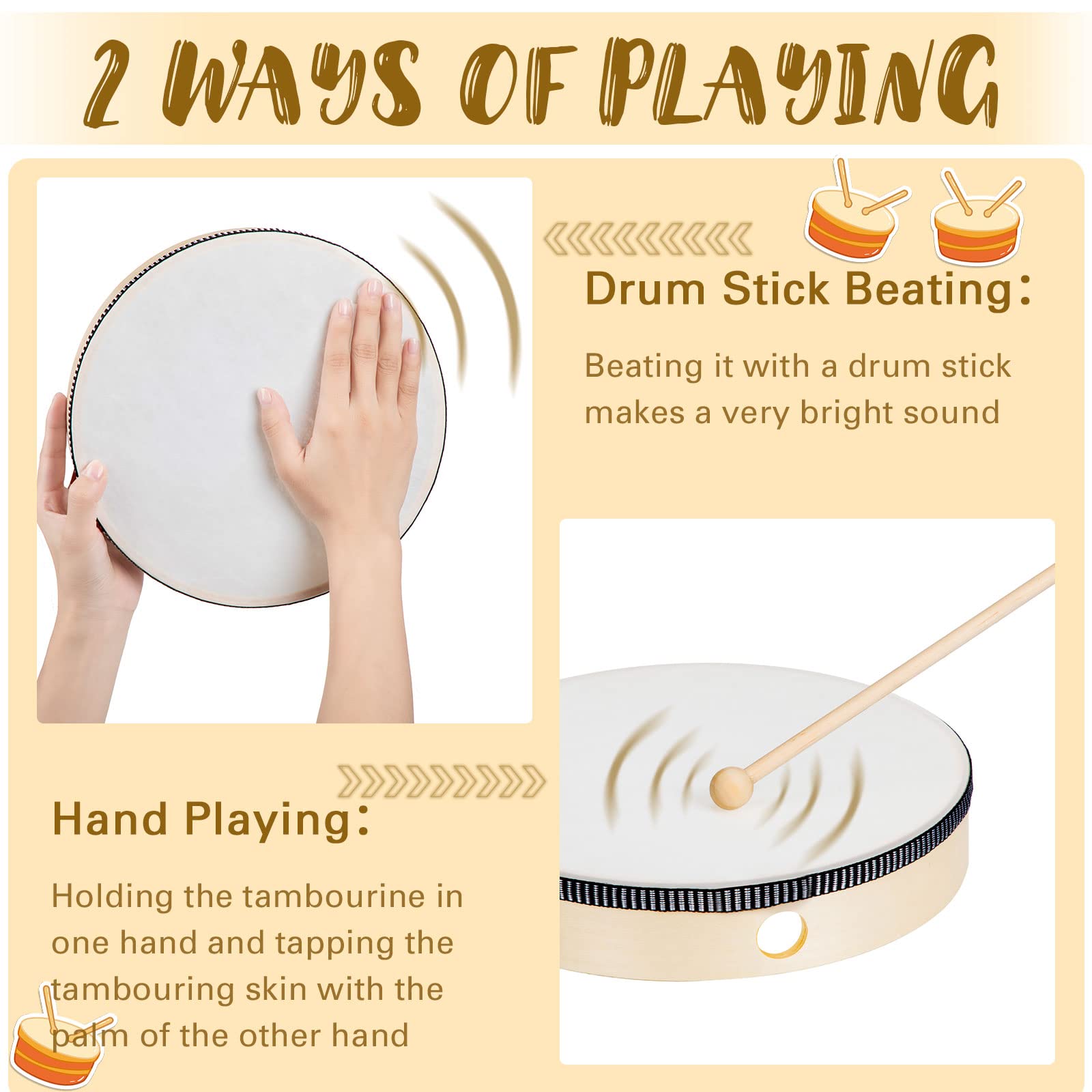 Yeshone Hand Drum Percussion Wood Frame Drum with Drum Stick 10 Inch 8 Inch 6 Inch Drums Musical Instruments for Adults Drums Beginners Adults for Home Party Supplies(Wood Color)