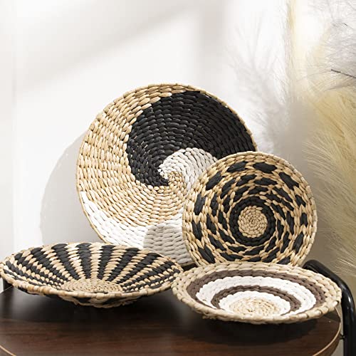 Wicker Wall Basket Decor Set of 4 - Black, Brown & White - Woven Boho Macrame Wall Hanging - Hook Attached for EASY Hanging - Wall Hanging Decor for Farmhouse Style