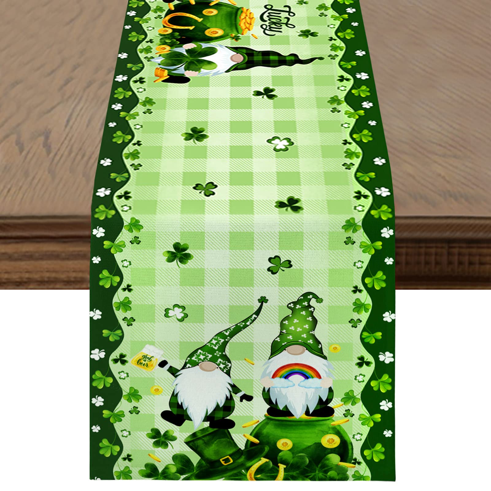 Flyart St Patricks Day Table Runner, Gnomes Spring Green Shamrock Decorations for St. Patrick's Day Party Holiday, St Patricks Day Decorations for Kitchen Dining Table Decor Home Decorr (13x72 inch)