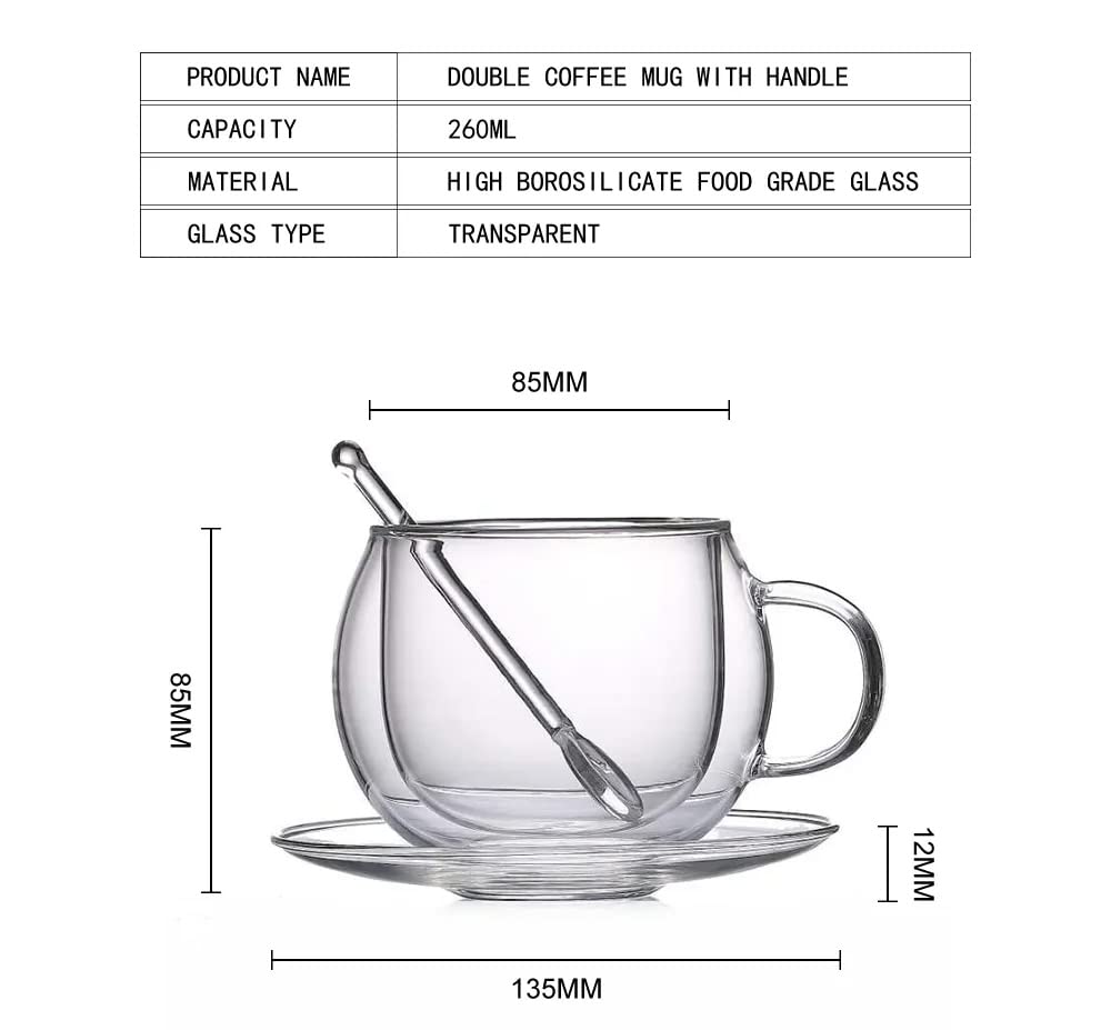 Double Wall Glass Coffee/Tea Mugs with Handle, Saucer and Glass Stirring Spoon- 8.7oz - Set of 2 - The Perfect Coffee/Tea Cups Affogato Cup