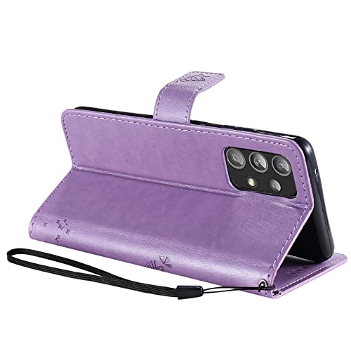 Phone Case for Samsung Galaxy A23,Wallet Case,Flip Case PU Leather Emboss Tree Cat Flowers Folio Magnetic Kickstand Cover Card Slots for Samsung Galaxy A23 Light Purple