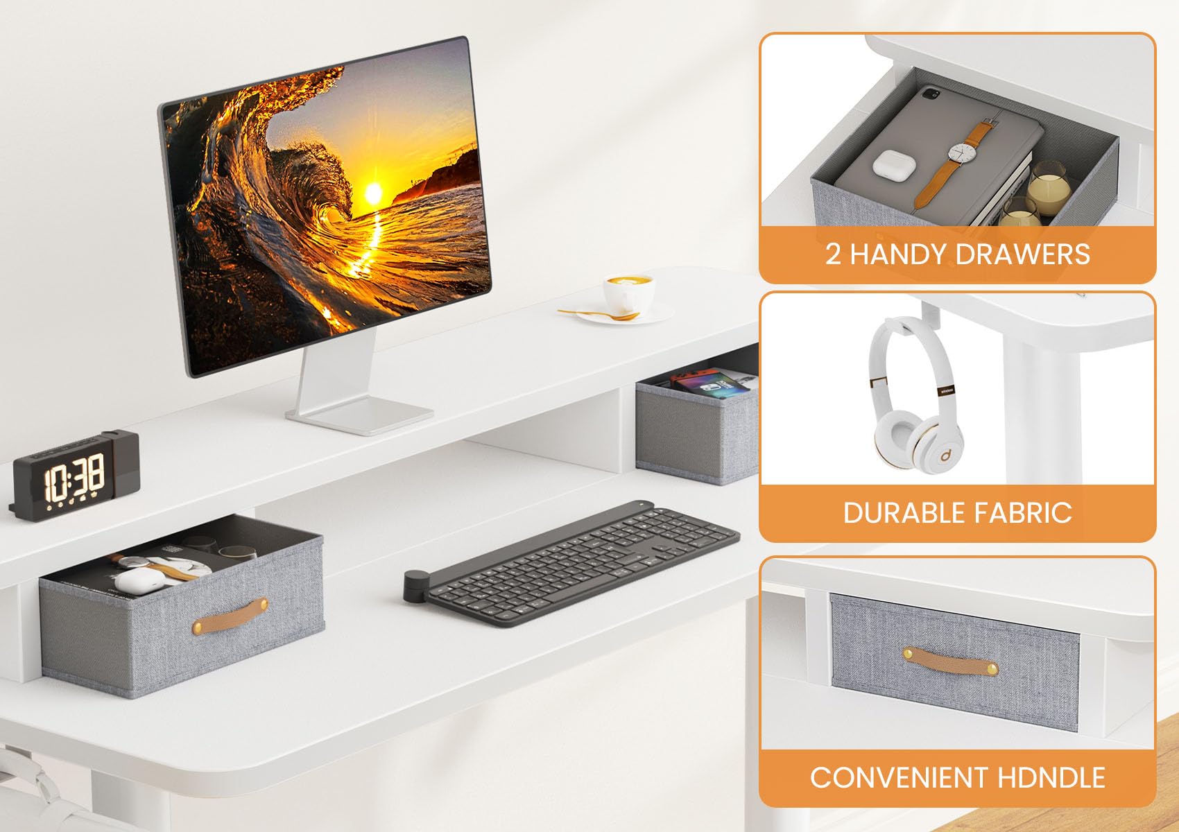 Flycity Electric Standing Desk with Dual Drawers, 55" x 24" Height Adjustable Desk Sit Stand Desk with Memory Controller, Casters & 2 Hooks, Ergonomic Low Noise Home Office Desk, White