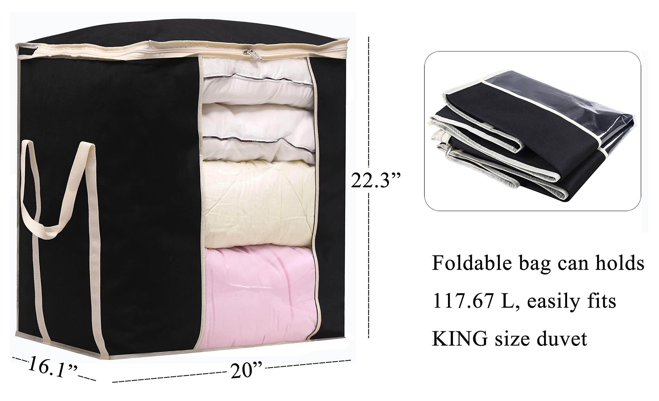 MISSLO King Comforters Storage Bag 120L for Blankets Clothes Sweaters Beddings Organizer with Reinfored Handles Non-Metal Fabric Storage Bin Organizer, Black