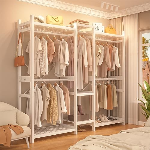 Homykic Bamboo Clothes Rack, Large Closet System Clothing Rack for Hanging Clothes, Freestanding Garment Rack with Shelves and 5 Rods, Open Wardrobe Organizer with 4 Hooks, 70”Wx77”H, White