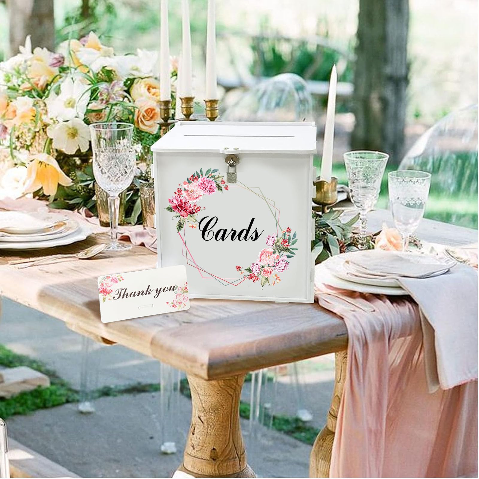 FCDECOR White Wedding Card Box with Lock, Gift Wedding Card Boxes for Reception, Greenery Rose DIY Wedding Envelope Money Card Box for Party Graduation Birthday Baby Shower Decorations