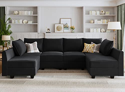 HONBAY Convertible Sectional Sofa Velvet U Shaped Couch with Reversible Chaise Modular Sectional Couch 6 Seater Sofa with Storage Seat, Black