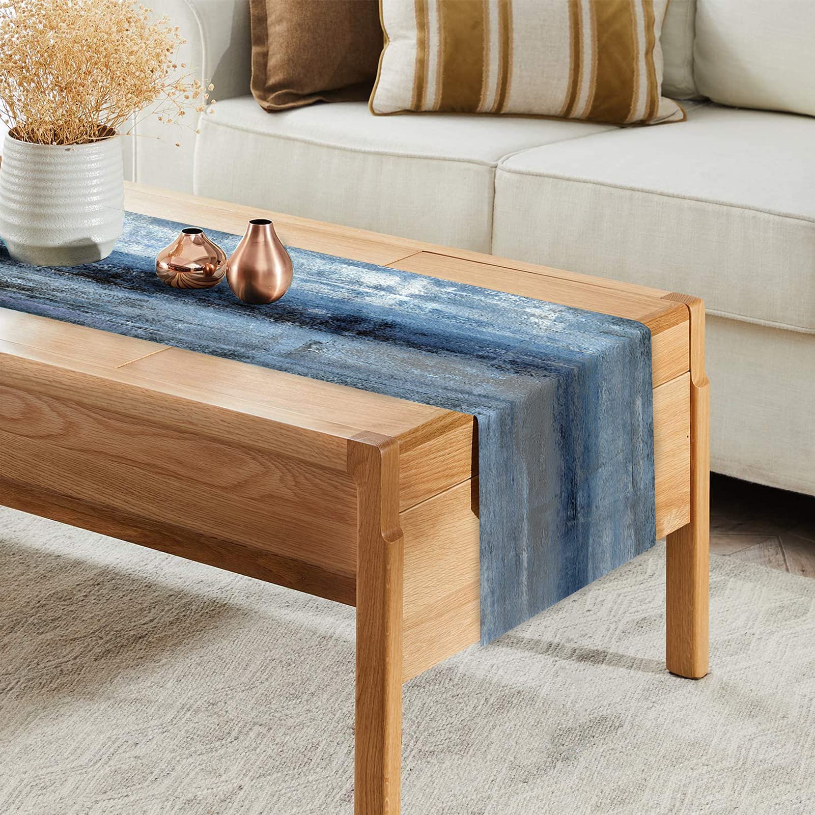 Emvency Farmhouse Style Table Runner, Abstract Art Painting Denim Blue Table Runners for Kitchen Coffee Table Family Dinners Holiday Parties Wedding Events Decor(13x72 inch)