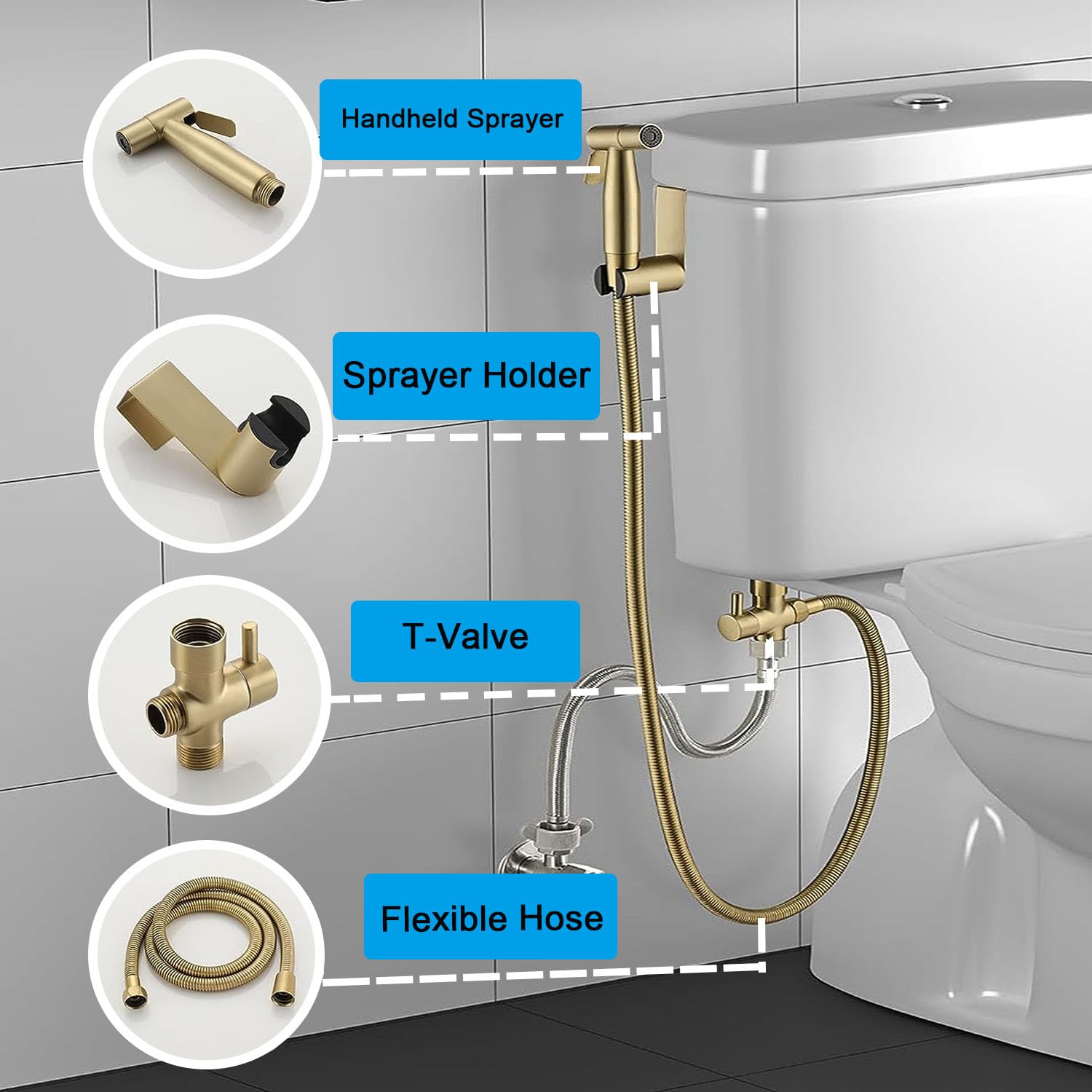 Handheld Bidet Sprayer Attachment for Toilet, Jet Sprayer Kit for Feminine Wash and Baby Diaper Cloth, Adjustable Water Pressure Control, Easy to Install, Gold, BELLEARLY
