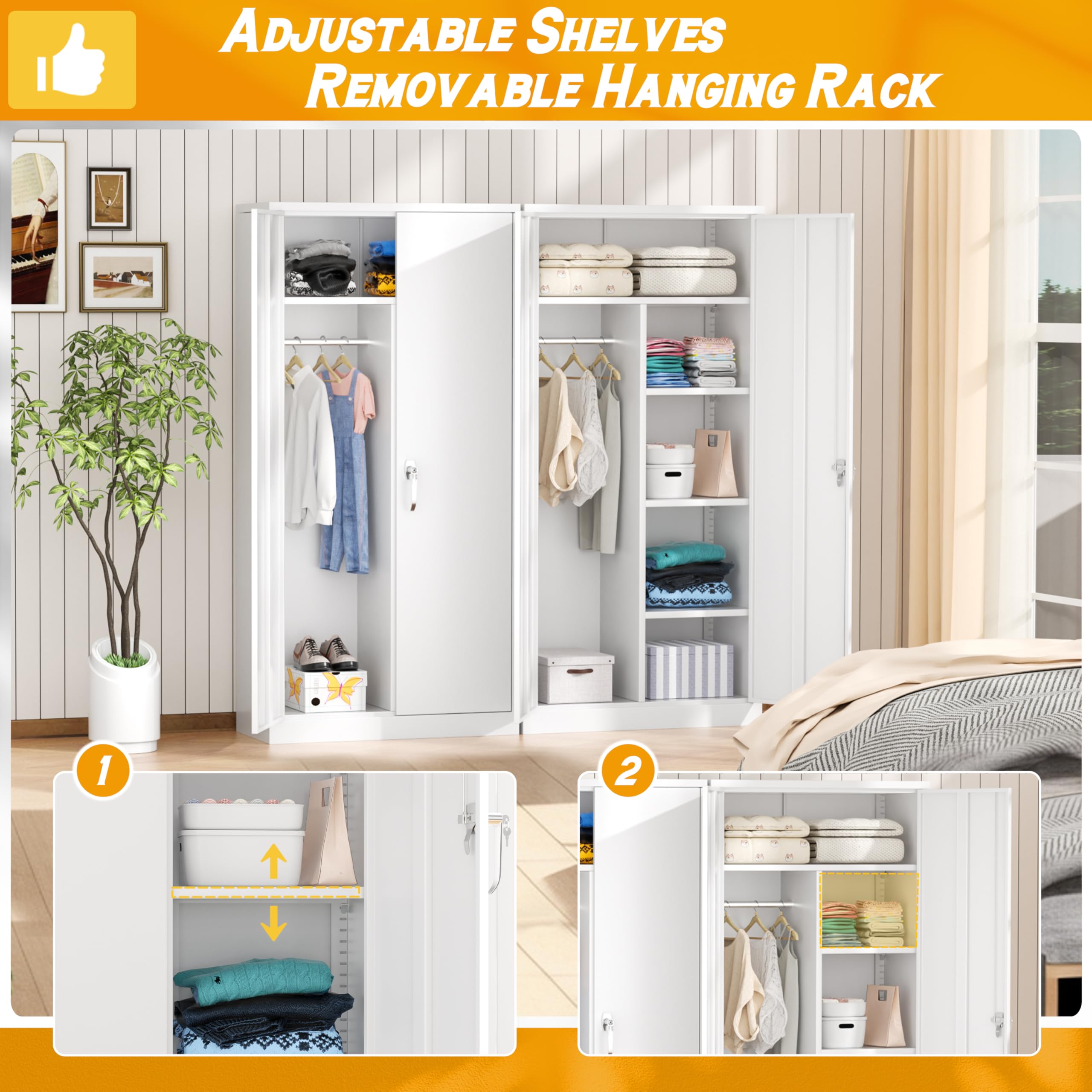 INTERGREAT 72”Tall Metal Wardrobe Cabinets with Lock,Clothing Storage Cabinets with Hanging Rod and 4 Adjustable Shelves,Closet for Home Living/Laundry Room/Department (White)