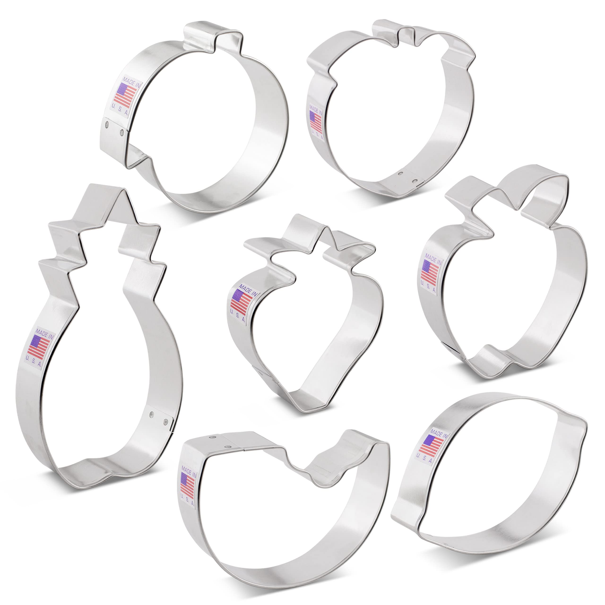 Fruit Basket Cookie Cutters 7-Pc. Set Made in the USA by Ann Clark, Lemon, Peach, Pineapple, Watermelon, Orange, Strawberry, Apple