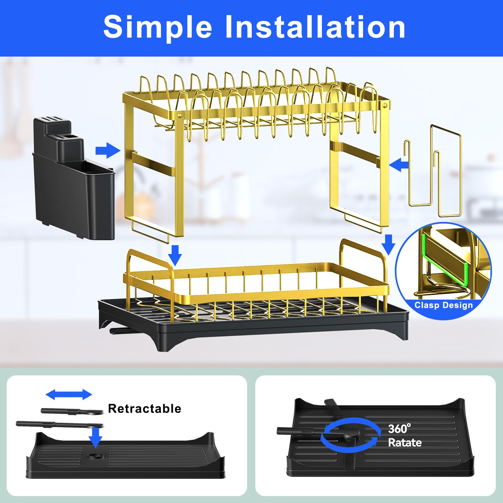 IBEDMAZIE Dish Drying Rack Gold, Multifunctional Dish Racks for Kitchen Counter with Drainboard 2 Tier Dish Drainer Large Capacity for Dish/Knifes/Cup/Cutting Board