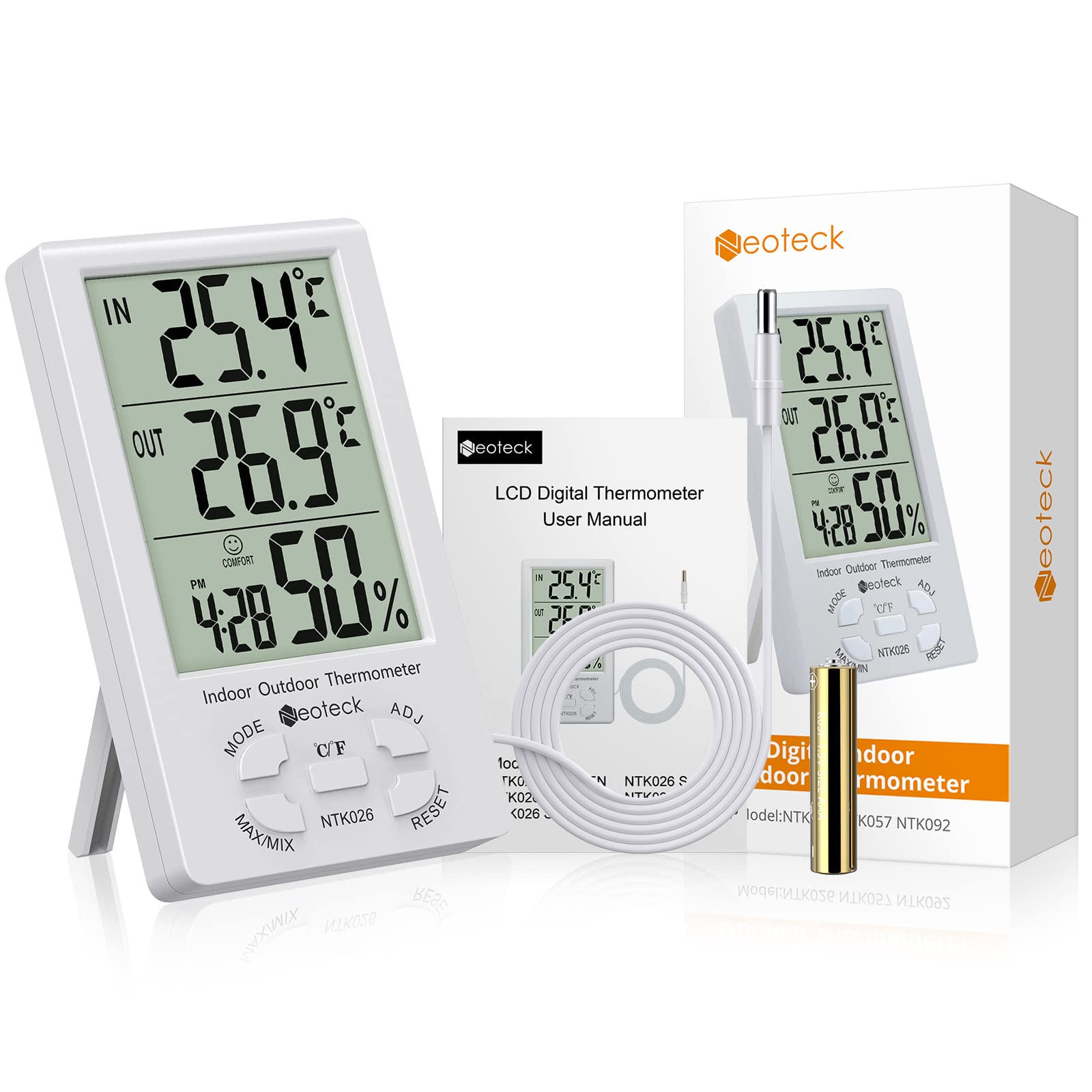 Neoteck 3 in 1 Thermometer Hygrometer with Clock Large LCD Display, Digital Humidity Temperature Meter 1.5m Sensor Wire for Indoor Outdoor Use