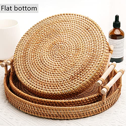 Dicunoy 3 Pack Rattan Basket Tray, Round Wicker Serving Baskets with Handles for Bread, Coffee Table, Decorative Woven Serving Tray for Vegetable, Snack (10", 9", 8")