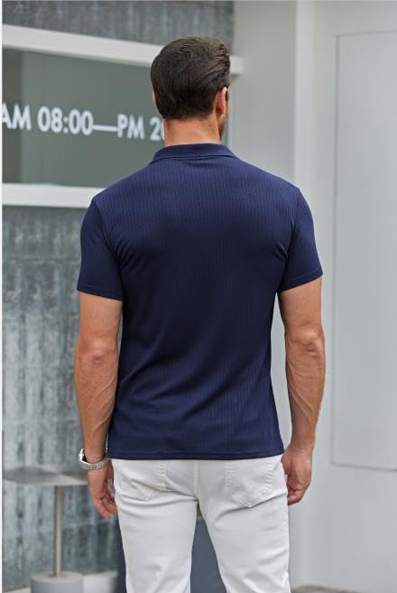 COOFANDY Men's Short Sleeve Slim Fit Polo Shirts 1/4 Zip T Shirts Bodybuilding Workout Tees Navy Blue